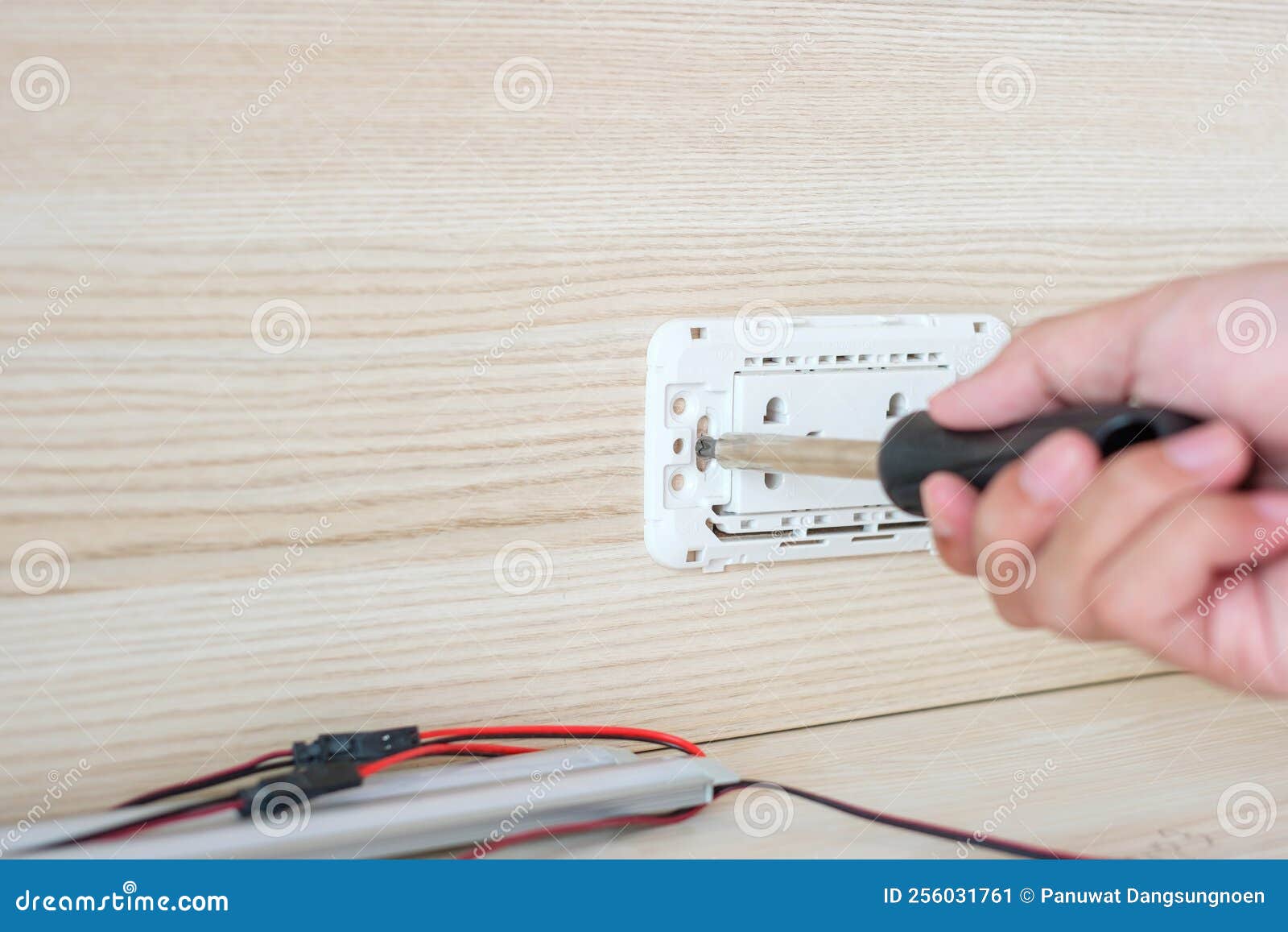 Man Hand Using Screwdriver Installing Wire Cables for Socket Plug ...
