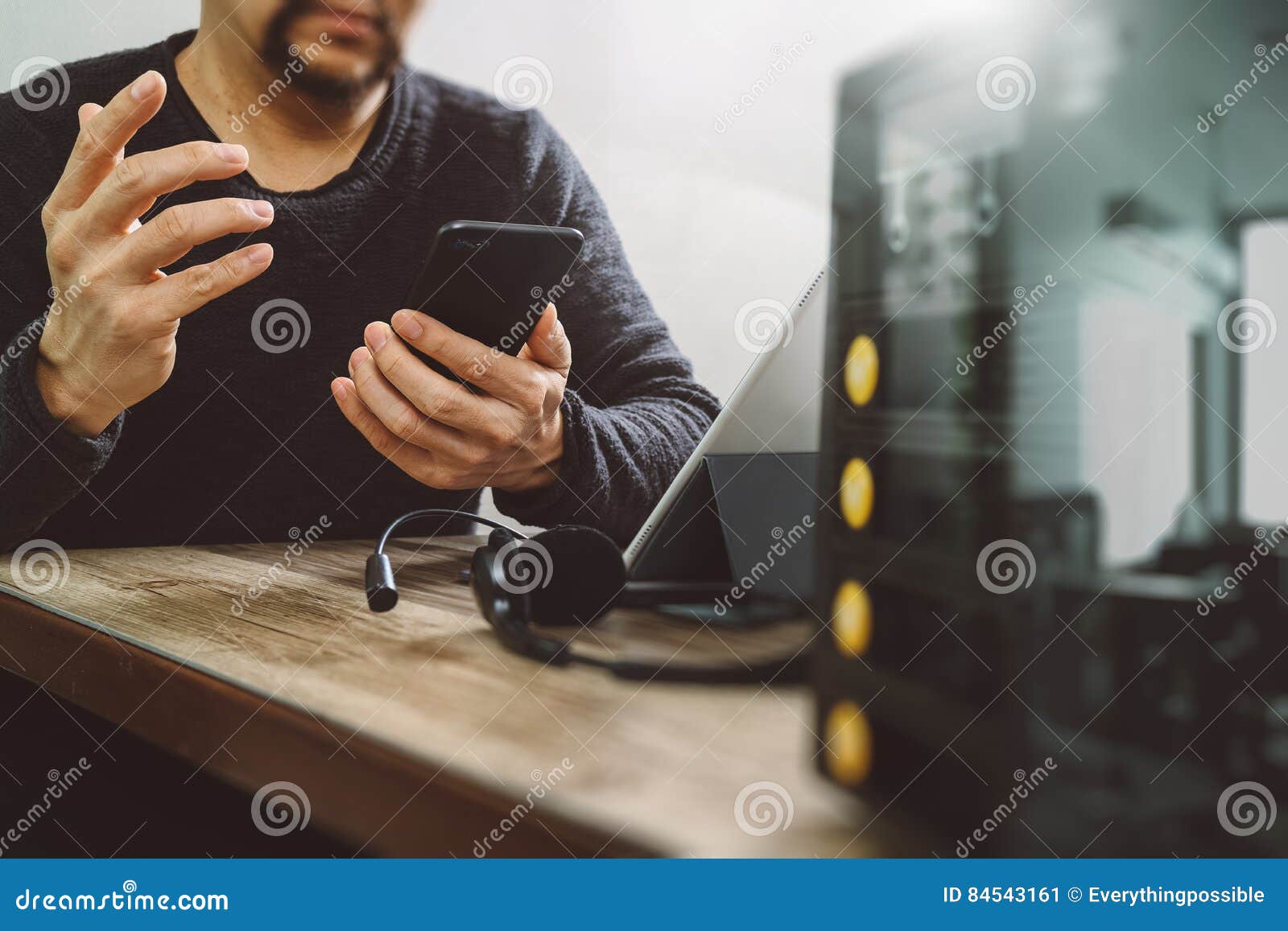 Man Hand Using VOIP Headset with Digital Tablet Computer Docking Stock ...
