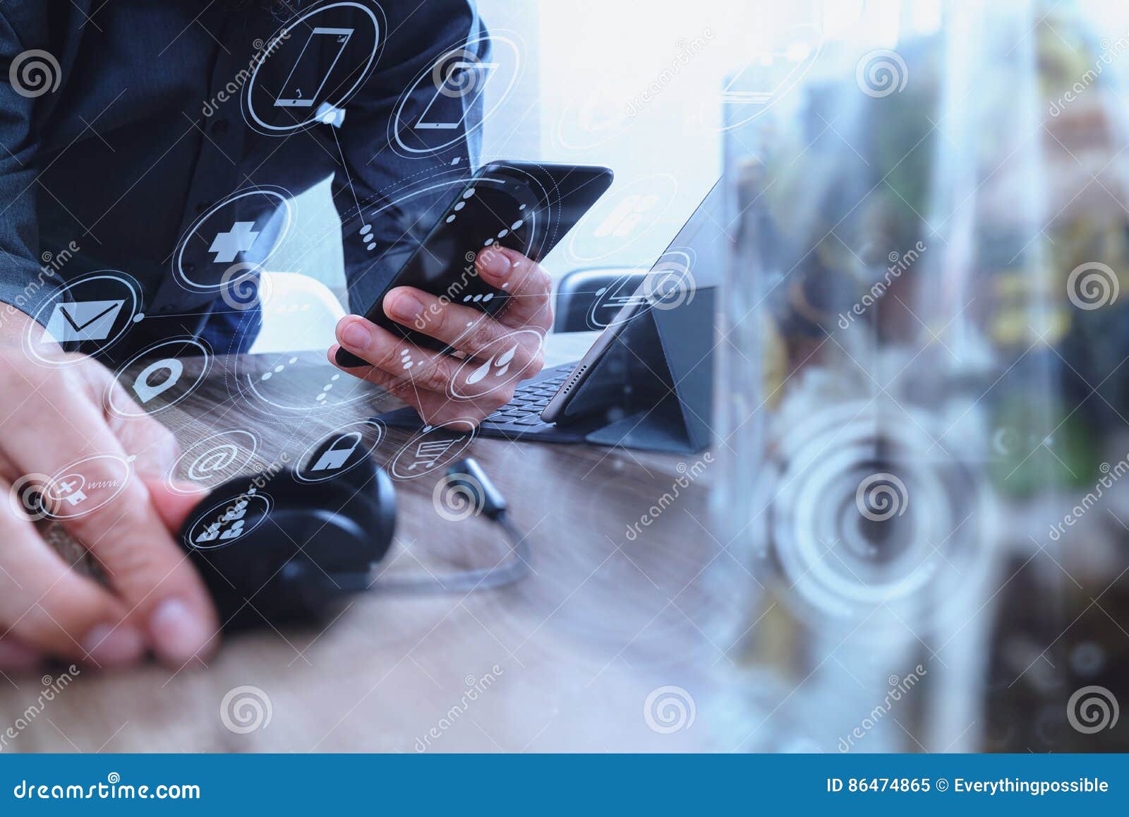 Man Hand Using VOIP Headset with Digital Tablet Computer Docking Stock ...