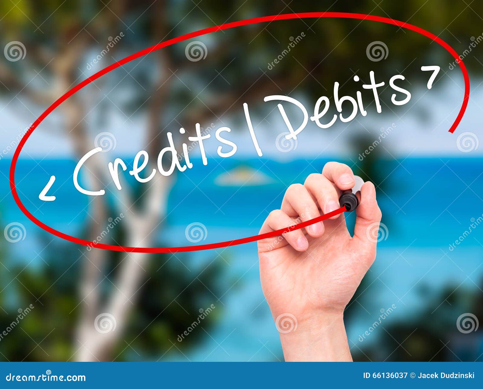 Man Hand Writing Credits - Debits with Black Marker on Visual Sc Stock ...