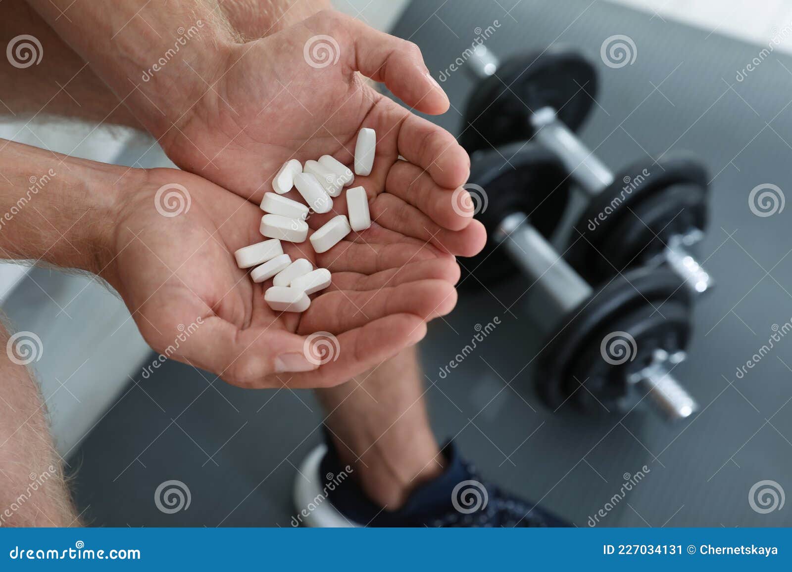 Man with Handful of Pills Indoors, Closeup. Doping Concept Stock Image ...