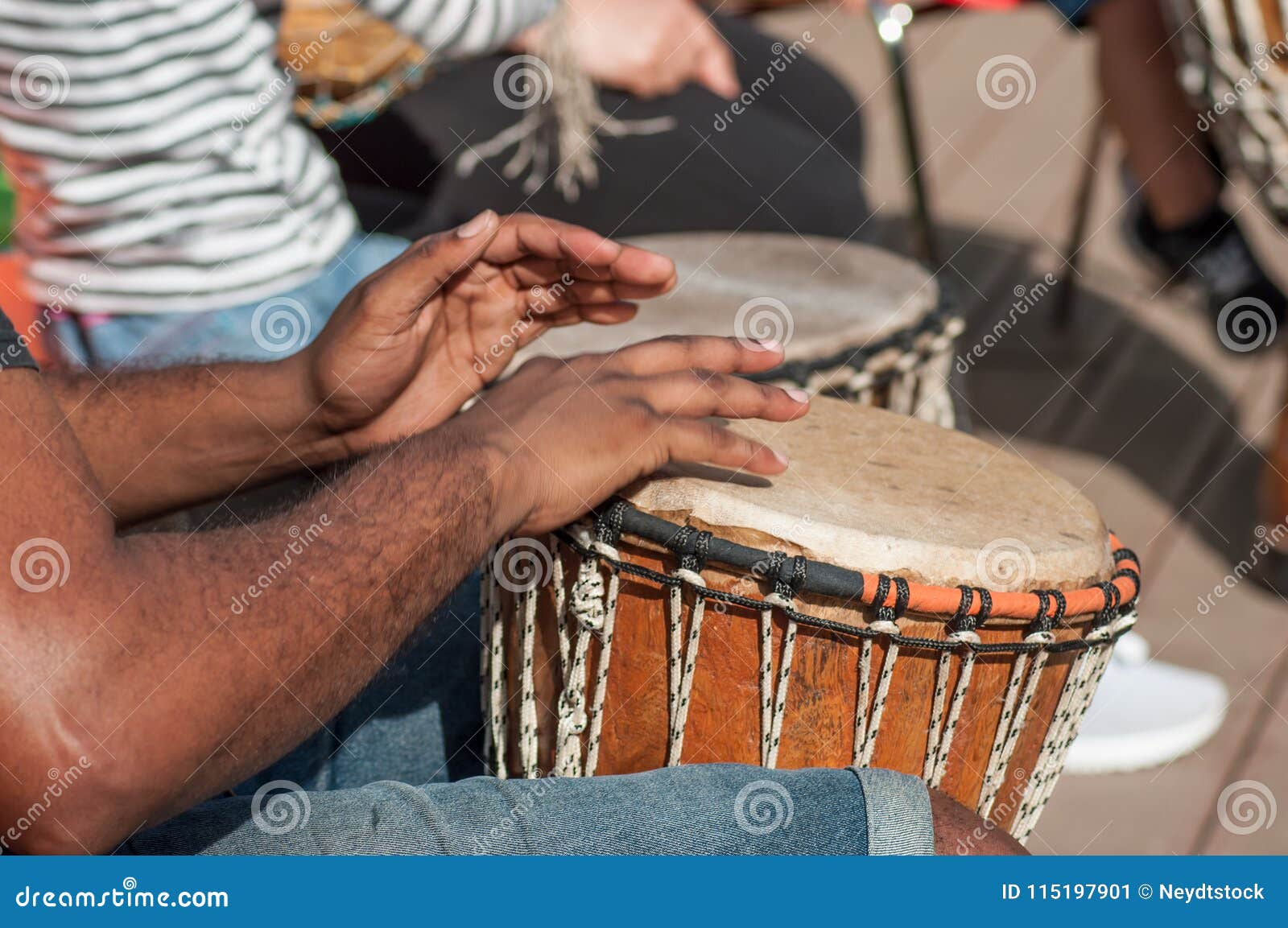 Man Hands on African Drums in Outdoor Stock Image - Image of leather ...