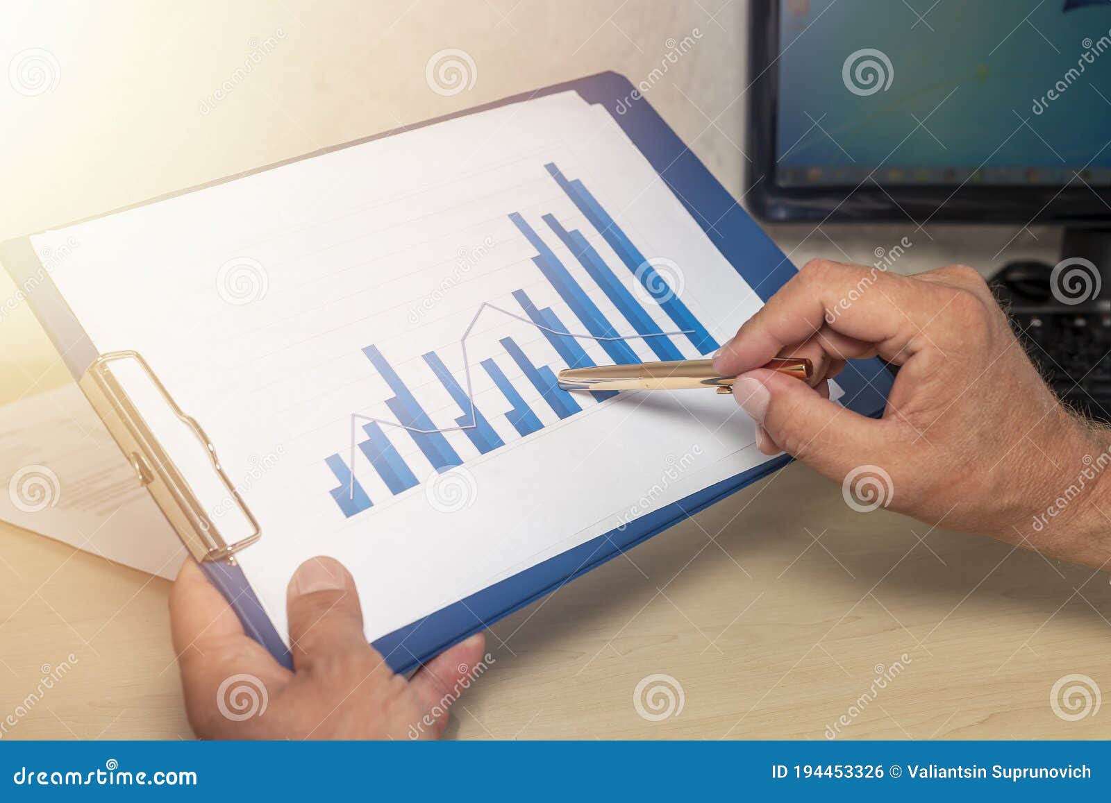 Man Hands with Business Chart, Other Accessories on Table Stock Photo ...