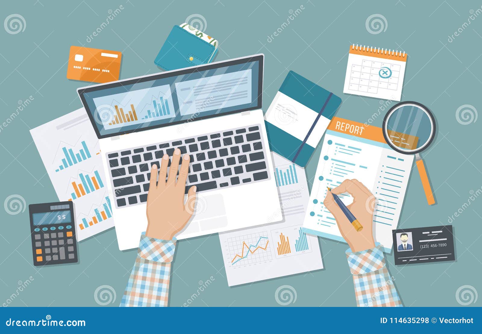 Man Hands with Documents Report, Magnifying Glass, Calculator ...