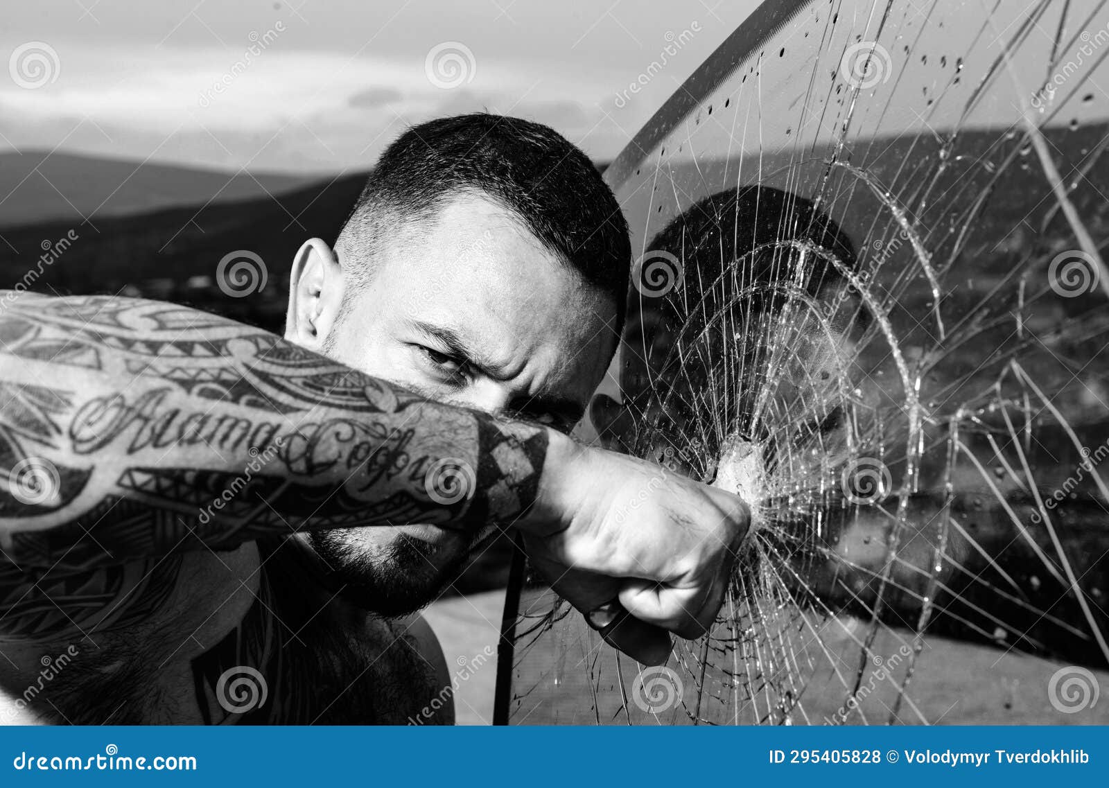Man with Hands Fighting and Breaking a Glass. Stock Photo - Image of ...