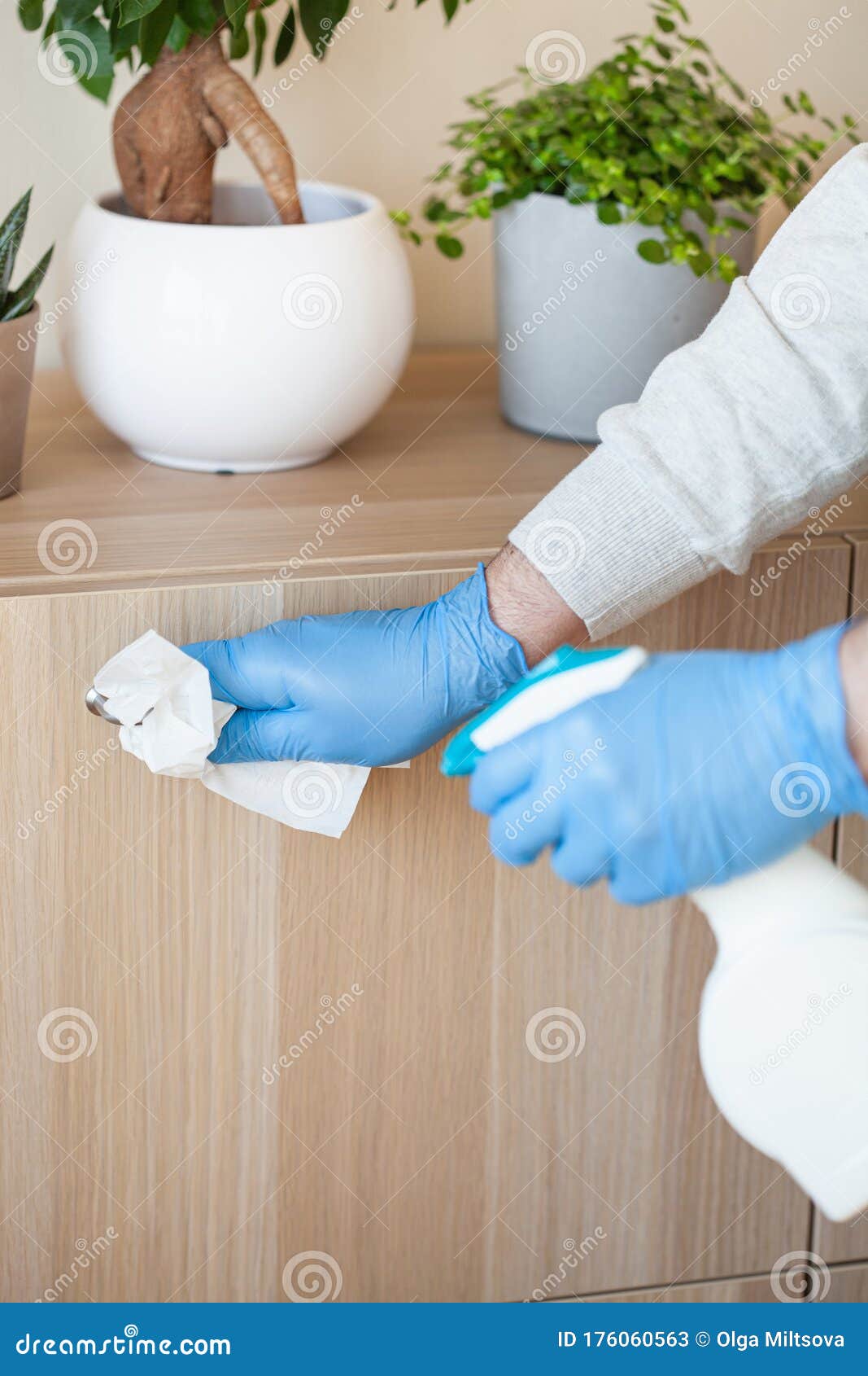 Man Hands in Gloves Disinfecting Chest of Drawers Handle, Killing Virus ...