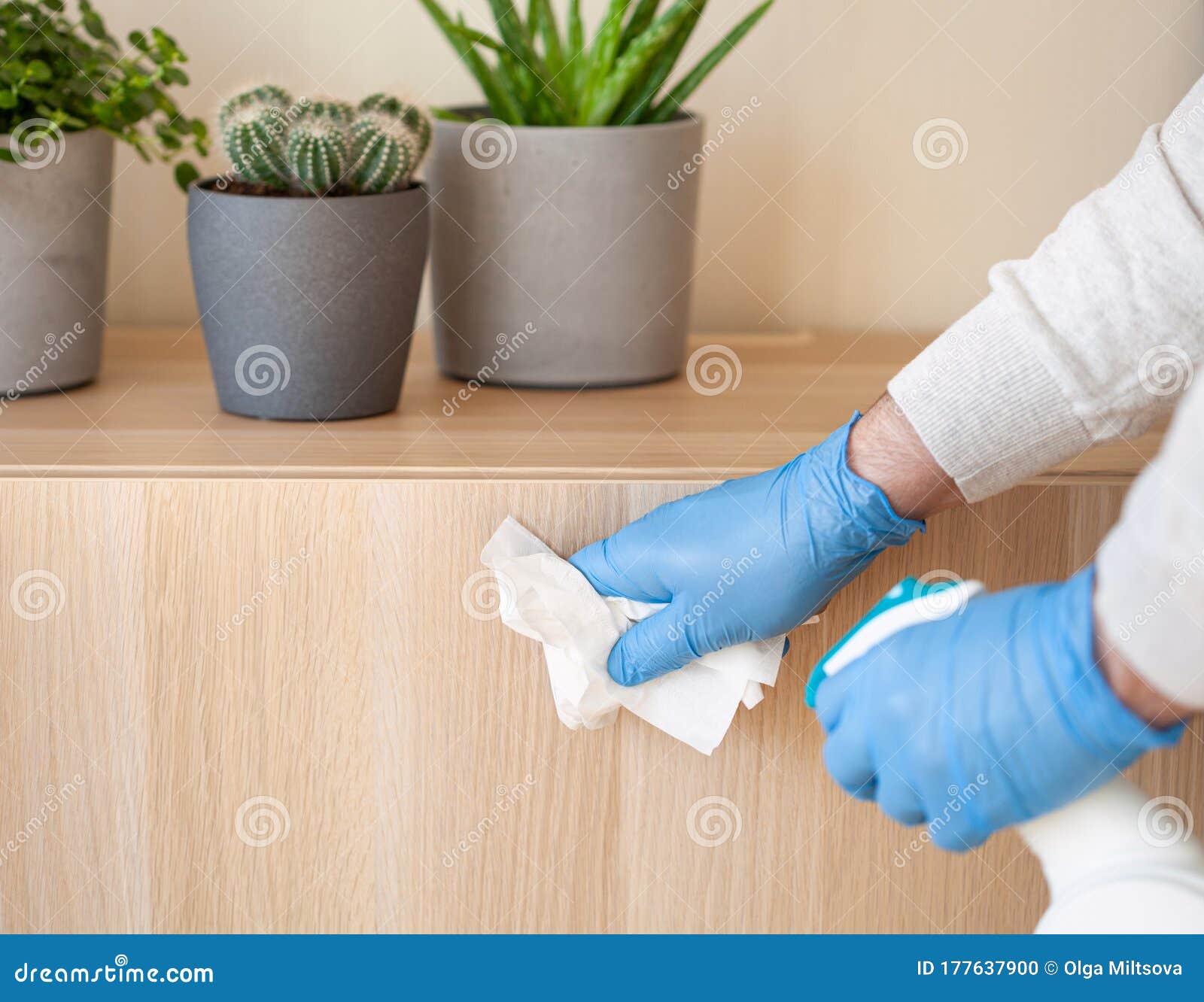 Man Hands in Gloves Disinfecting Chest of Drawers Handle, Killing Virus ...