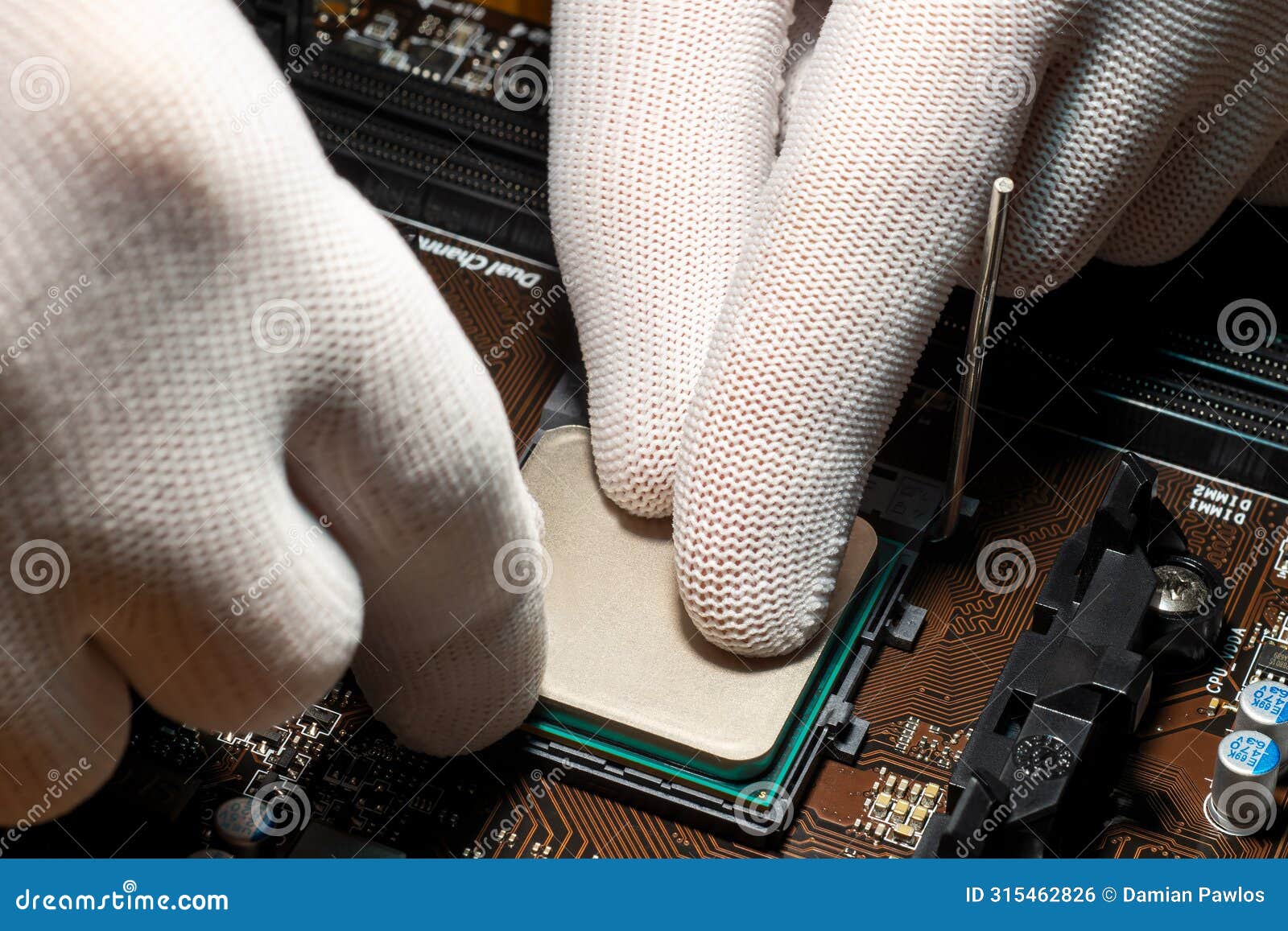 Man Hands in Gloves Replacing Processor on the Computer Motherboard ...