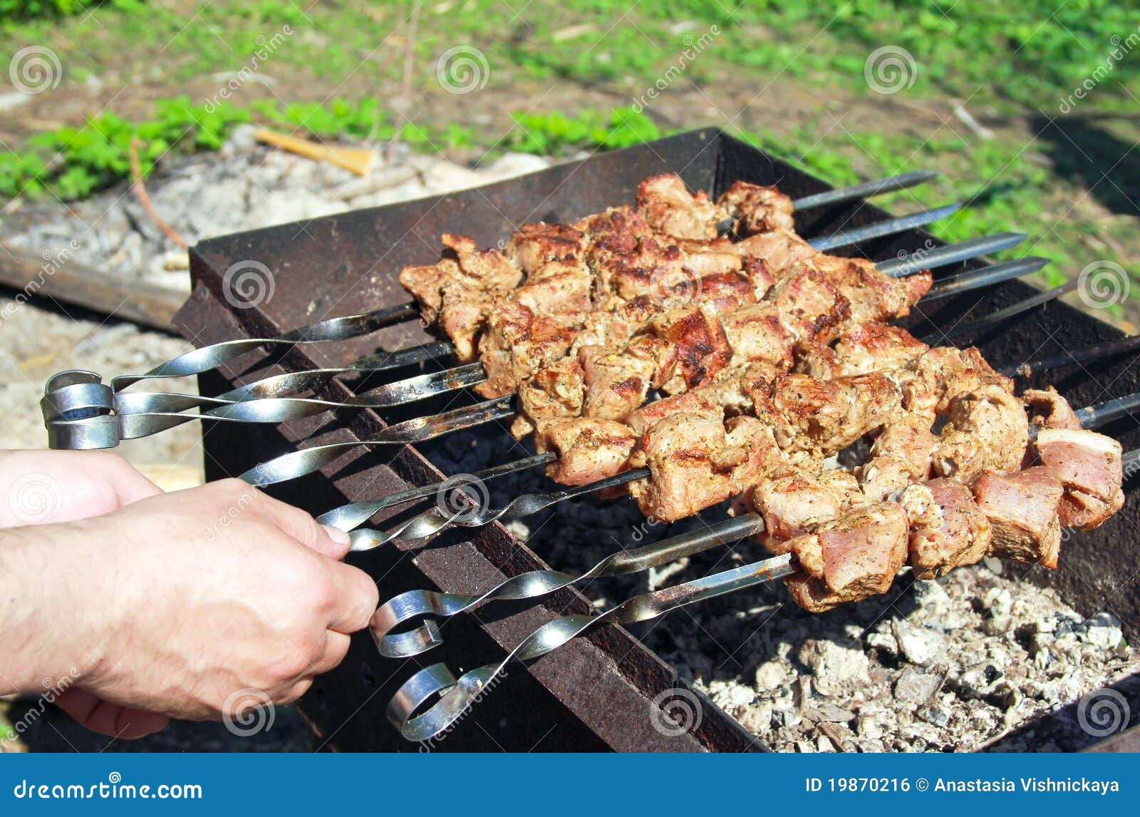 Man Hands Grilling Tasty Barbecue Stock Photo - Image of kebob, meat ...