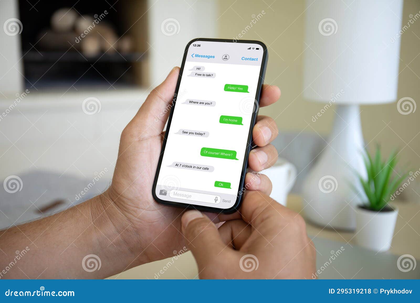 Man Hands Hold Phone with App Messenger on the Screen Stock Photo ...
