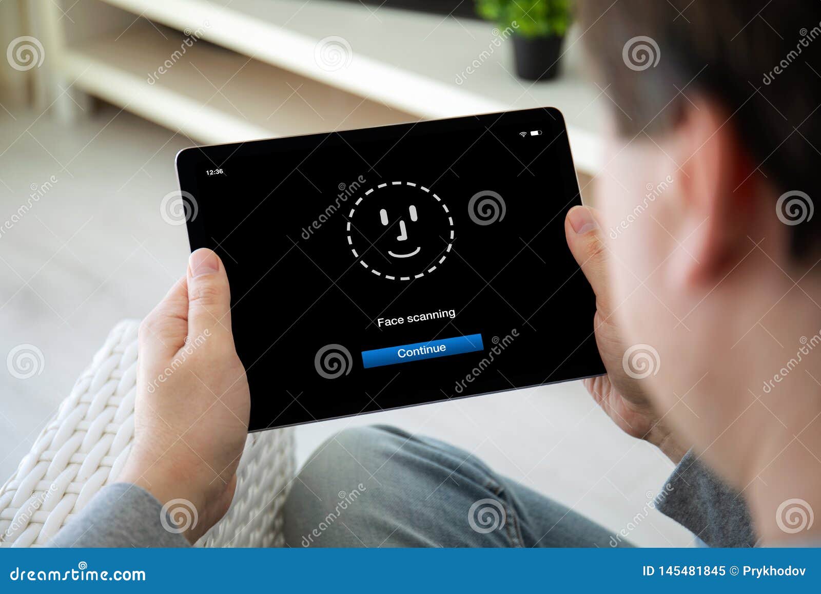 Man Hands Holding Computer Tablet with Face ID Scanning Stock Image ...