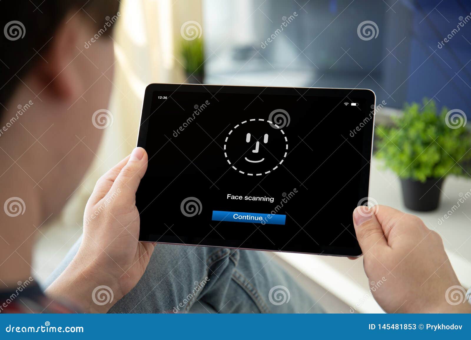 Man Hands Holding Computer Tablet with Face ID Scanning Stock Image ...