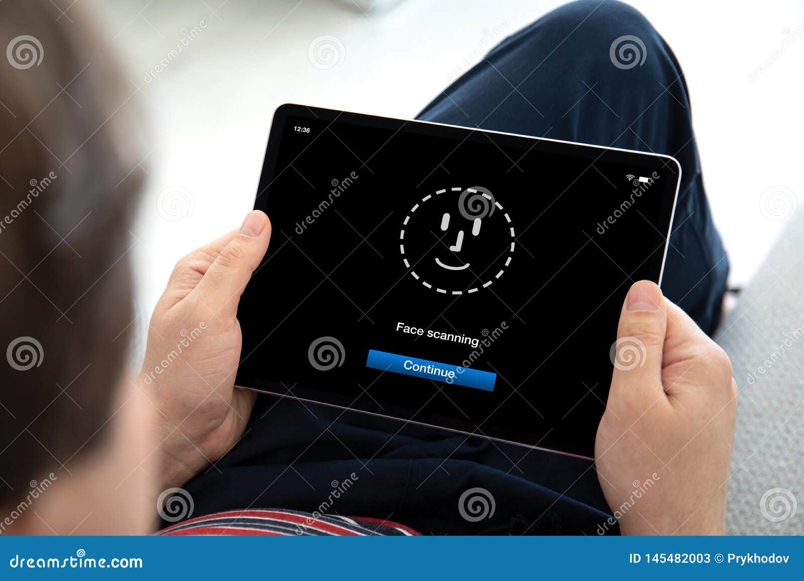 Man Hands Holding Computer Tablet with Face ID Scanning Stock Image ...