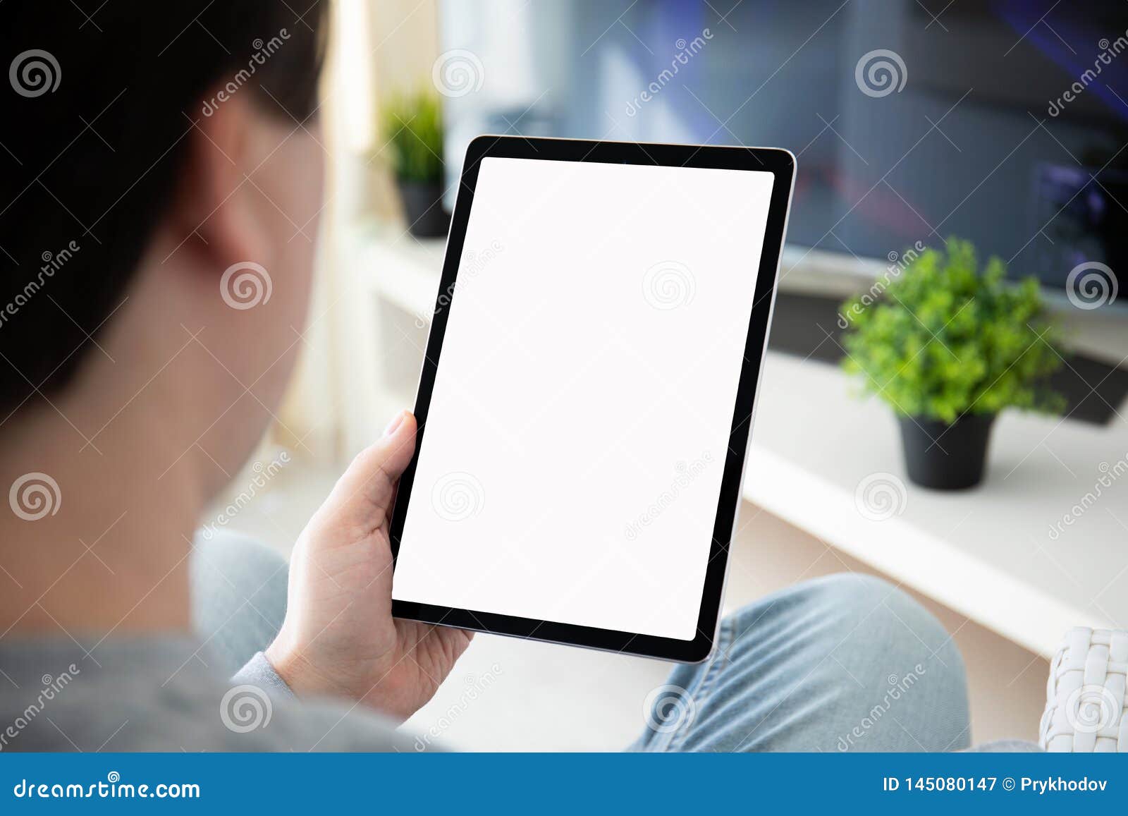 Man Hands Holding Computer Tablet with Screen in Room Stock Image ...