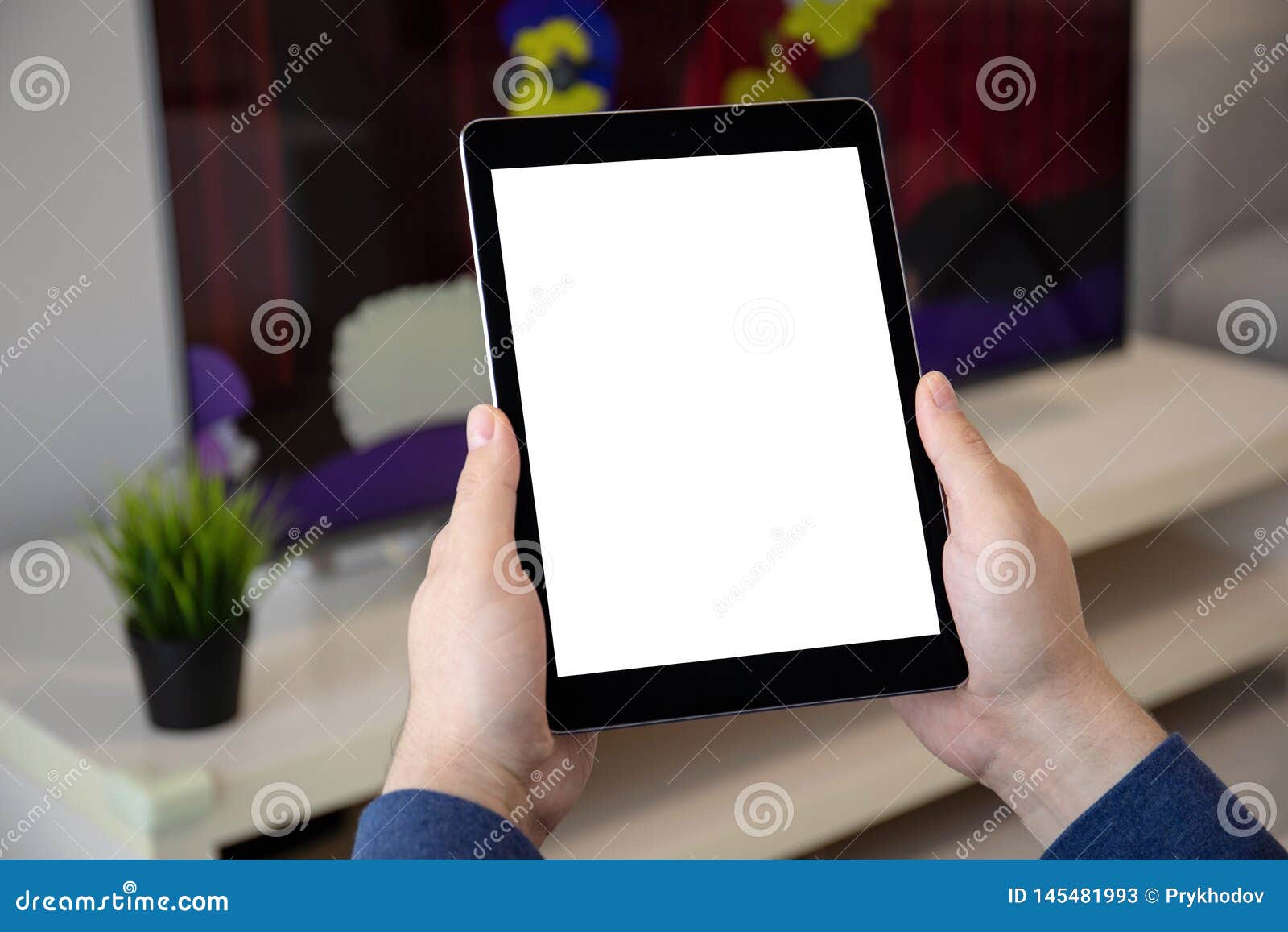 Man Hands Holding Computer Tablet with Isolated Screen in Room Stock ...