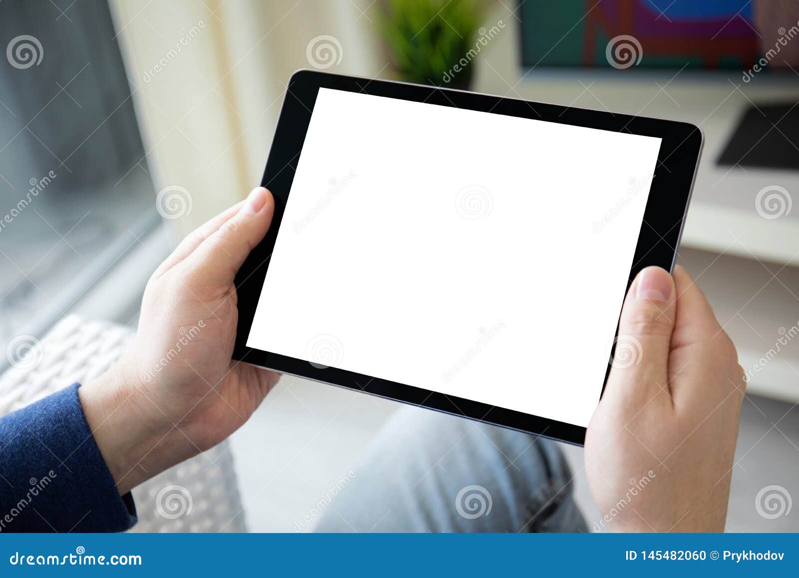 Man Hands Holding Computer Tablet with Isolated Screen in Room Stock ...