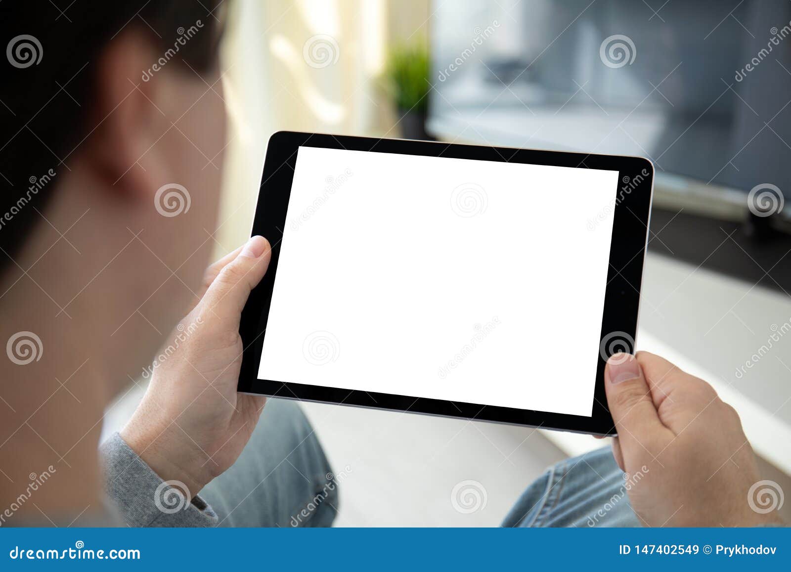 Man Hands Holding Computer Tablet with Isolated Screen in Room Stock ...