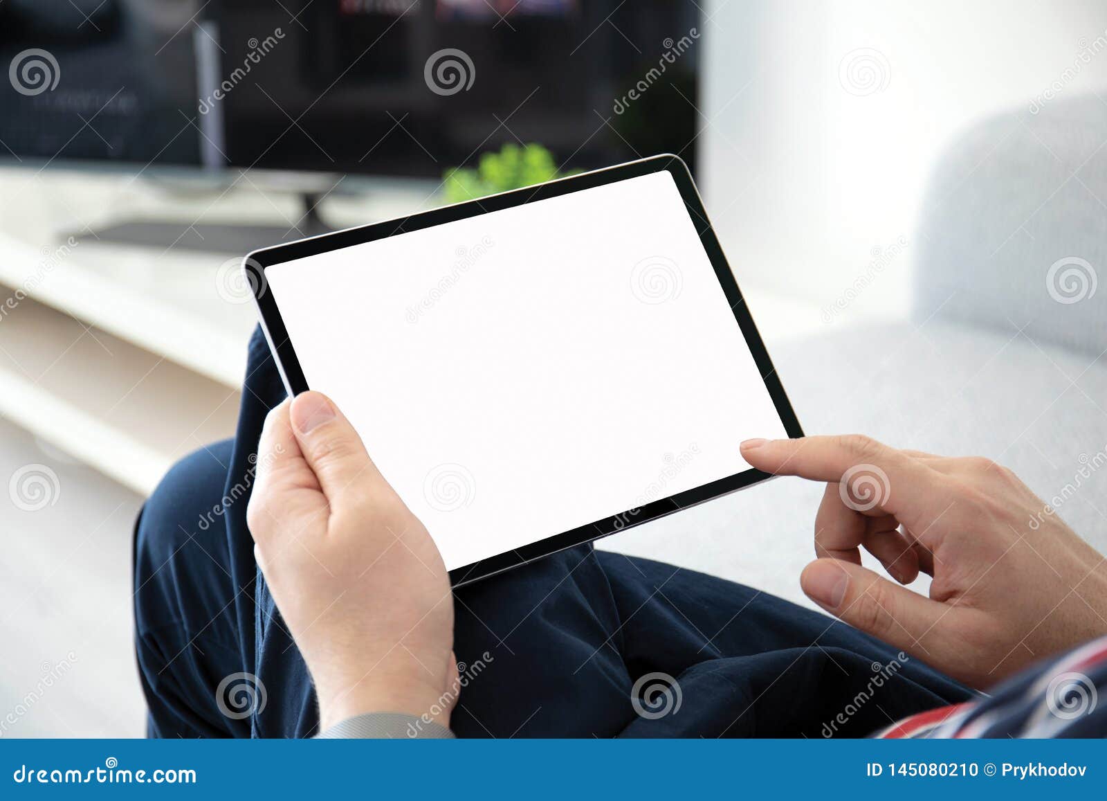 Man Hands Holding Computer Tablet with Screen in the Room Stock Photo ...