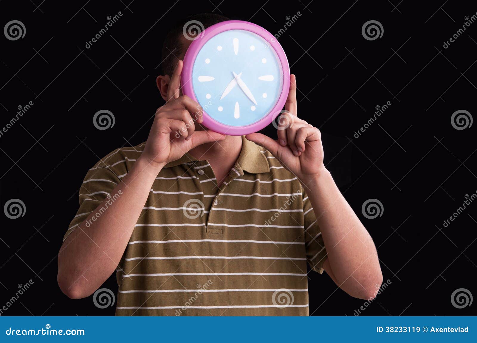 Man Hands Holding in Front of His Face a Large Wall Clock Showing Time ...