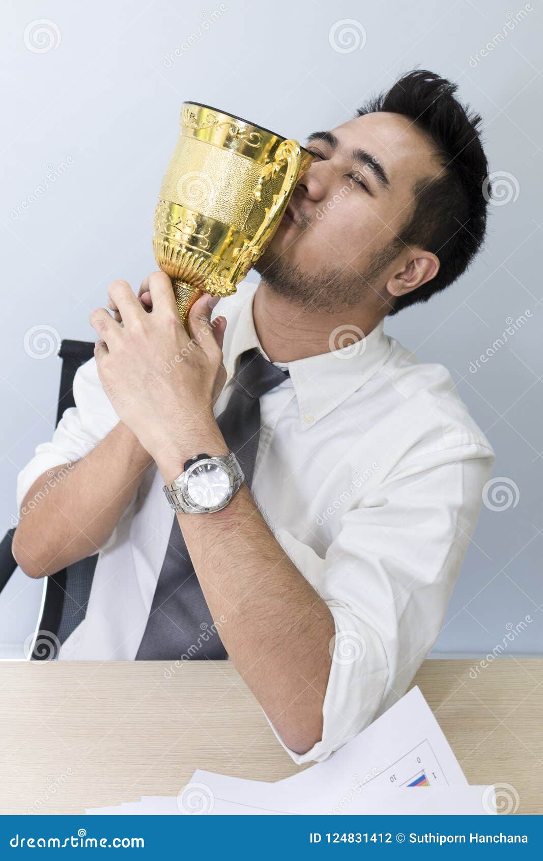 Man Hands Holding Golden Cup, Congratulations and Winner on Success ...