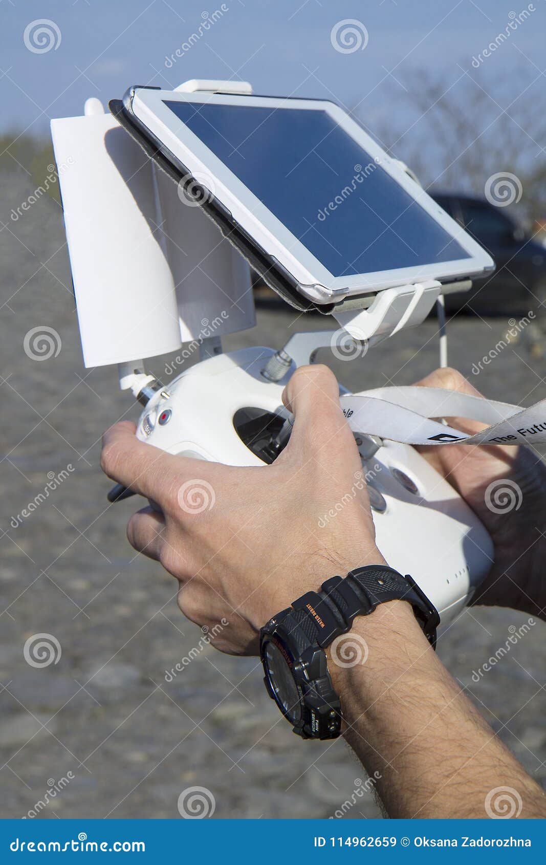 Man Hands Holding Remote Controller Using Tablet for Drones Flying ...
