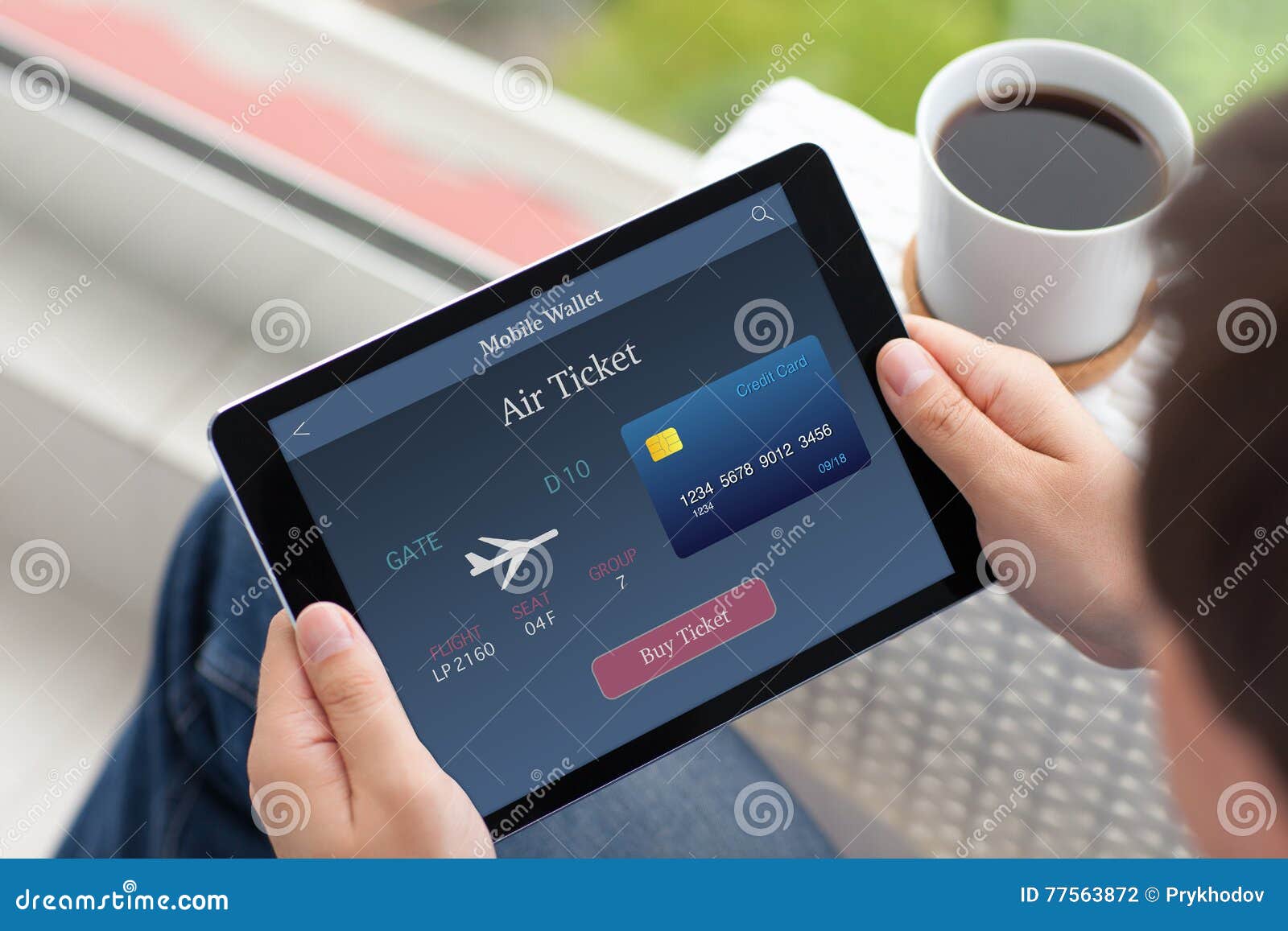 Man Hands Holding Tablet Computer with Online Air Ticket Screen Stock ...