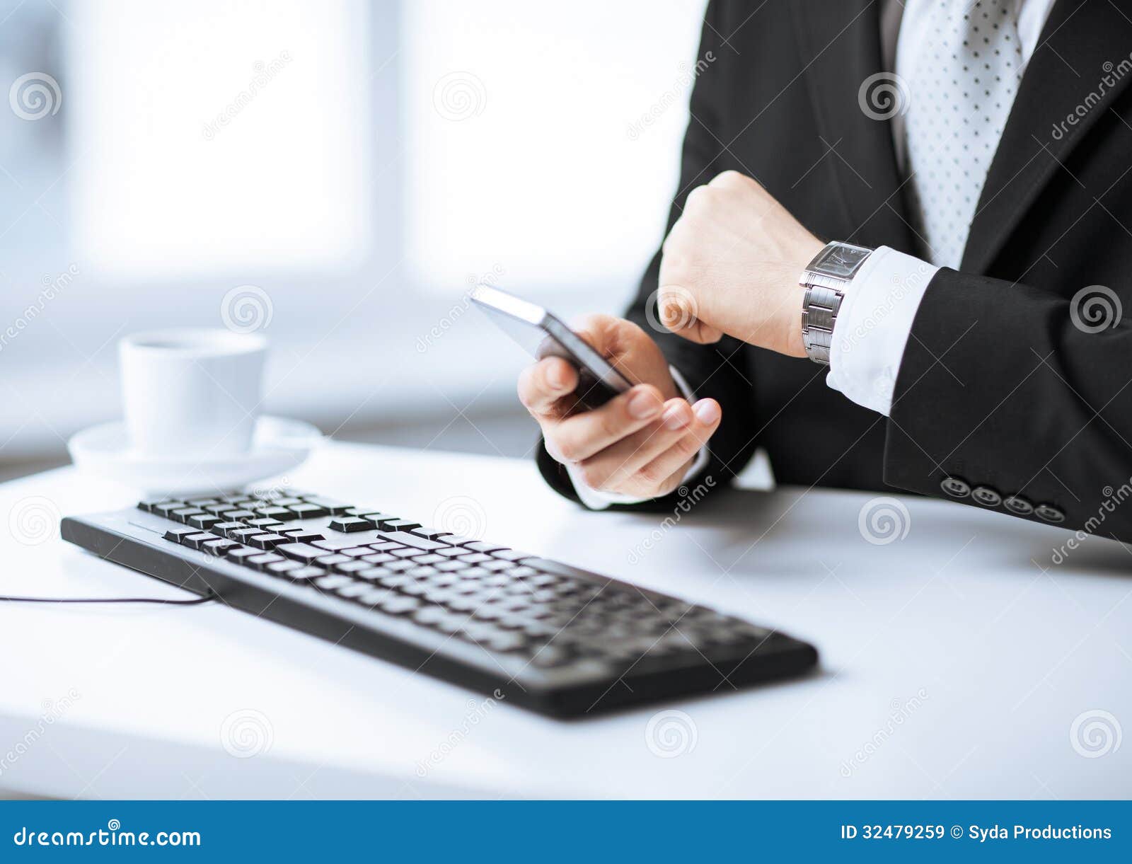 Man Hands with Keyboard, Smartphone and Wristwatch Stock Image - Image ...