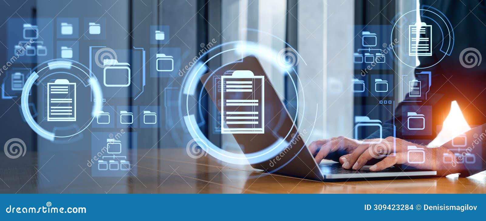 Man Hands with Laptop and DMS Interface Stock Photo - Image of archive ...