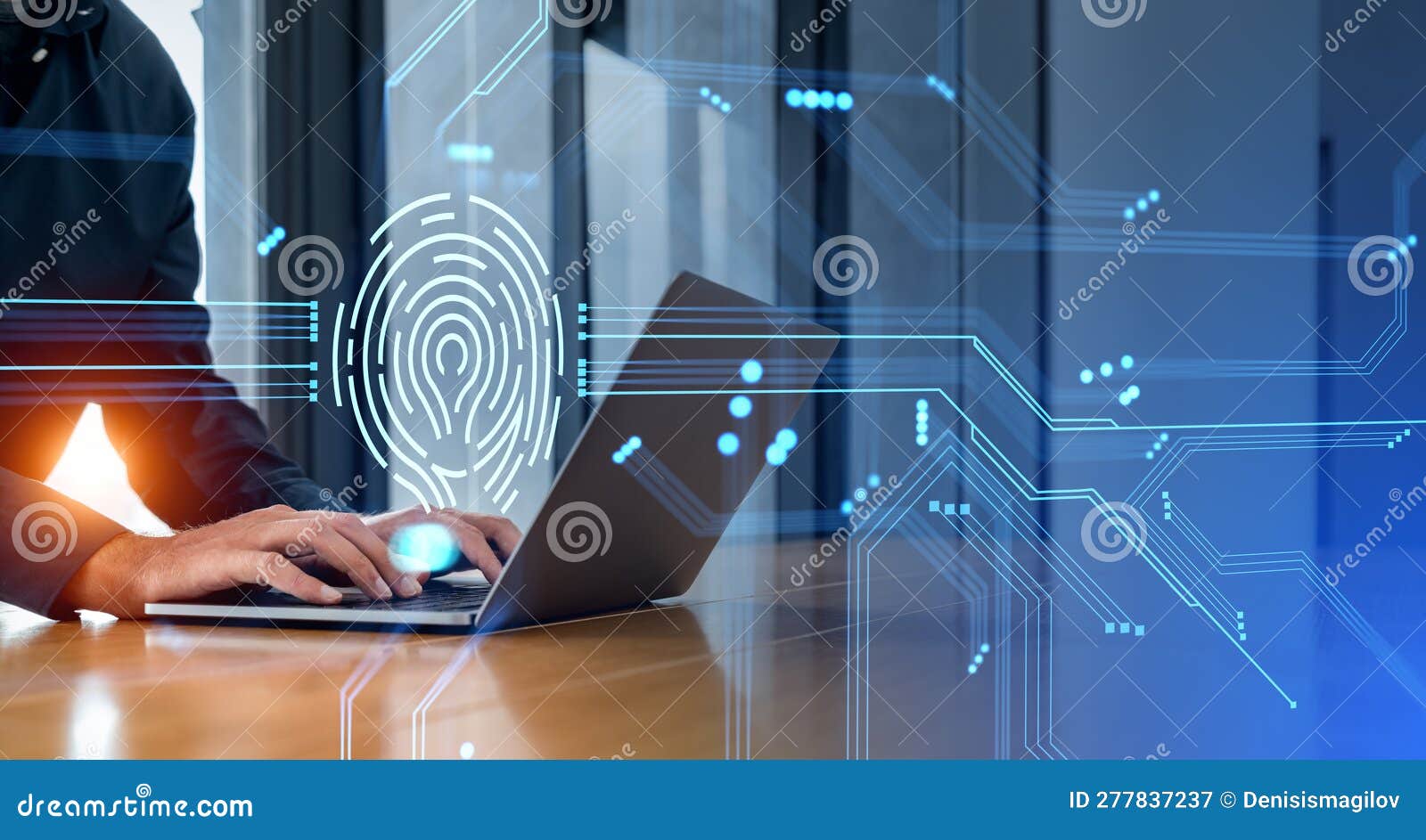 Man Hands with Laptop, Fingerprint Interface Stock Image - Image of ...