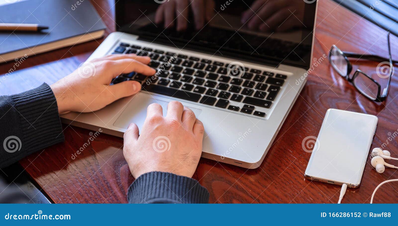 Man Hands on a Laptop Keyboard, Wood Office Desk, Closeup View Stock ...