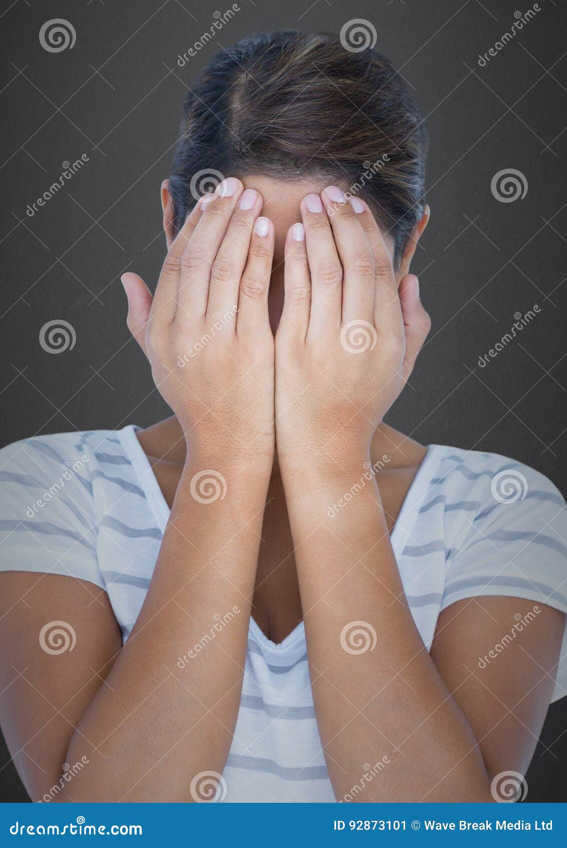 Man with Hands Over Face Against Grey Wall Stock Image - Image of ...