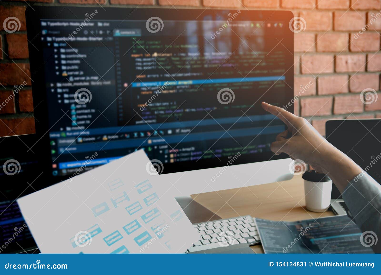 Man Hands Pointing Coding Html And Programming Develop On Screen Computer Stock Image Image Of