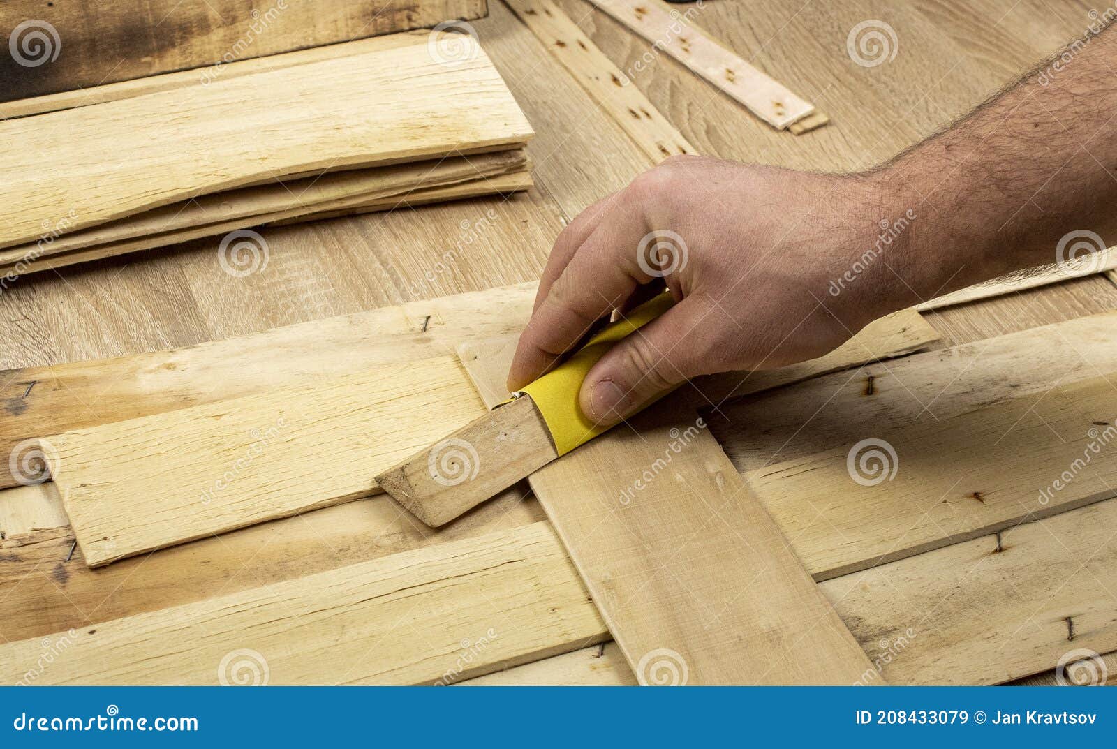 Man Hands Processes the Board with Sandpaper Stock Image - Image of ...