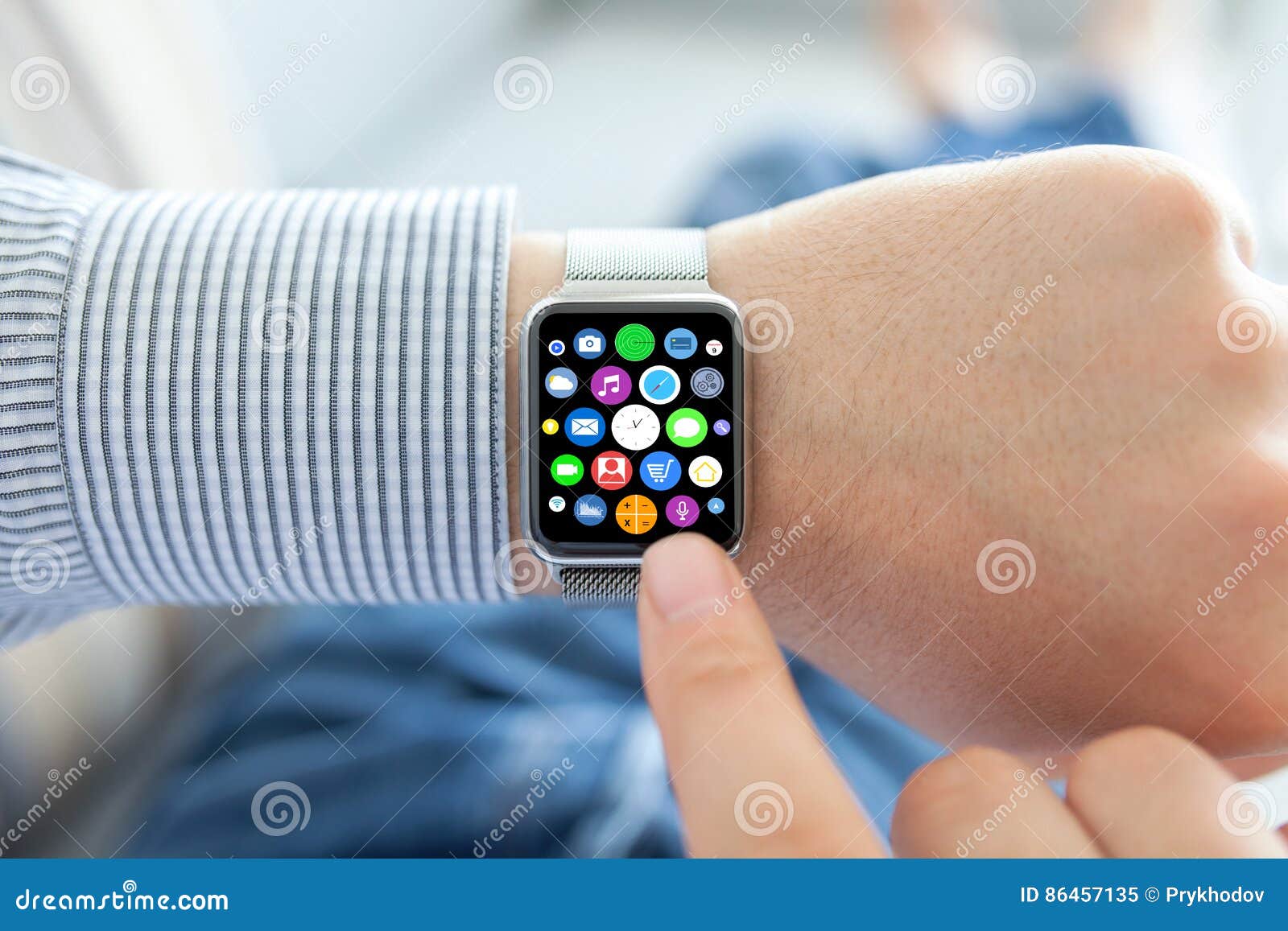 Man Hands Smart Touch Watch with Home Screen Icons Apps Stock Image ...
