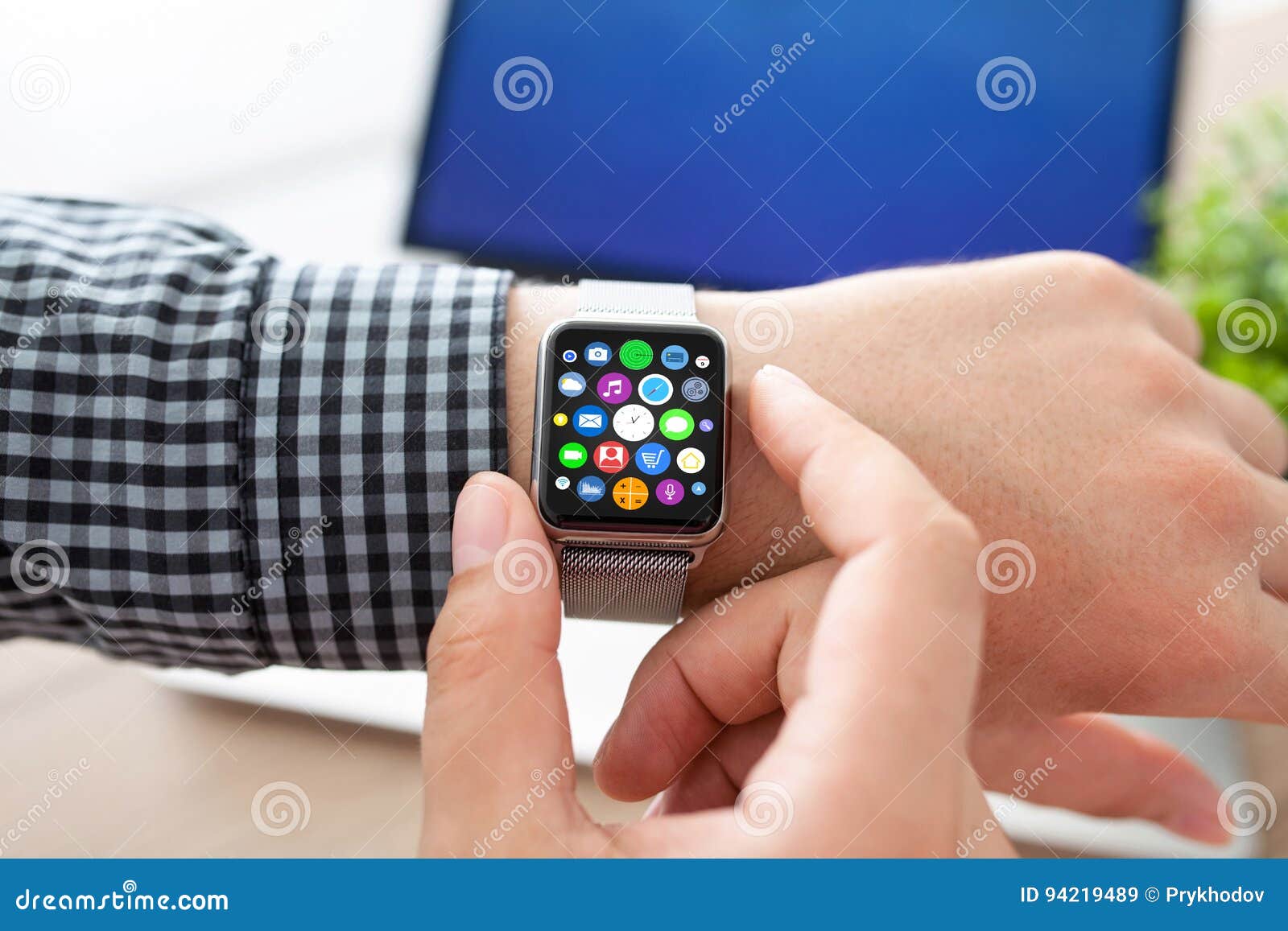 Man Hands Smart Touch Watch with Home Screen Icons Apps Stock Image ...