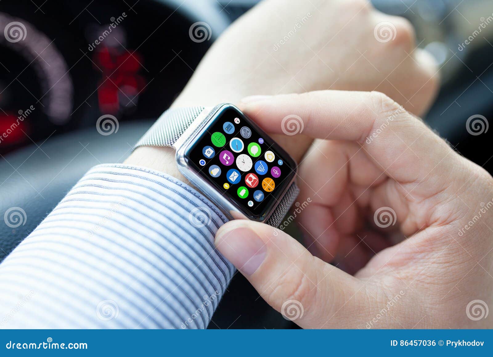 Man Hands Smart Touch Watch with Home Screen Icons Apps Stock Photo ...