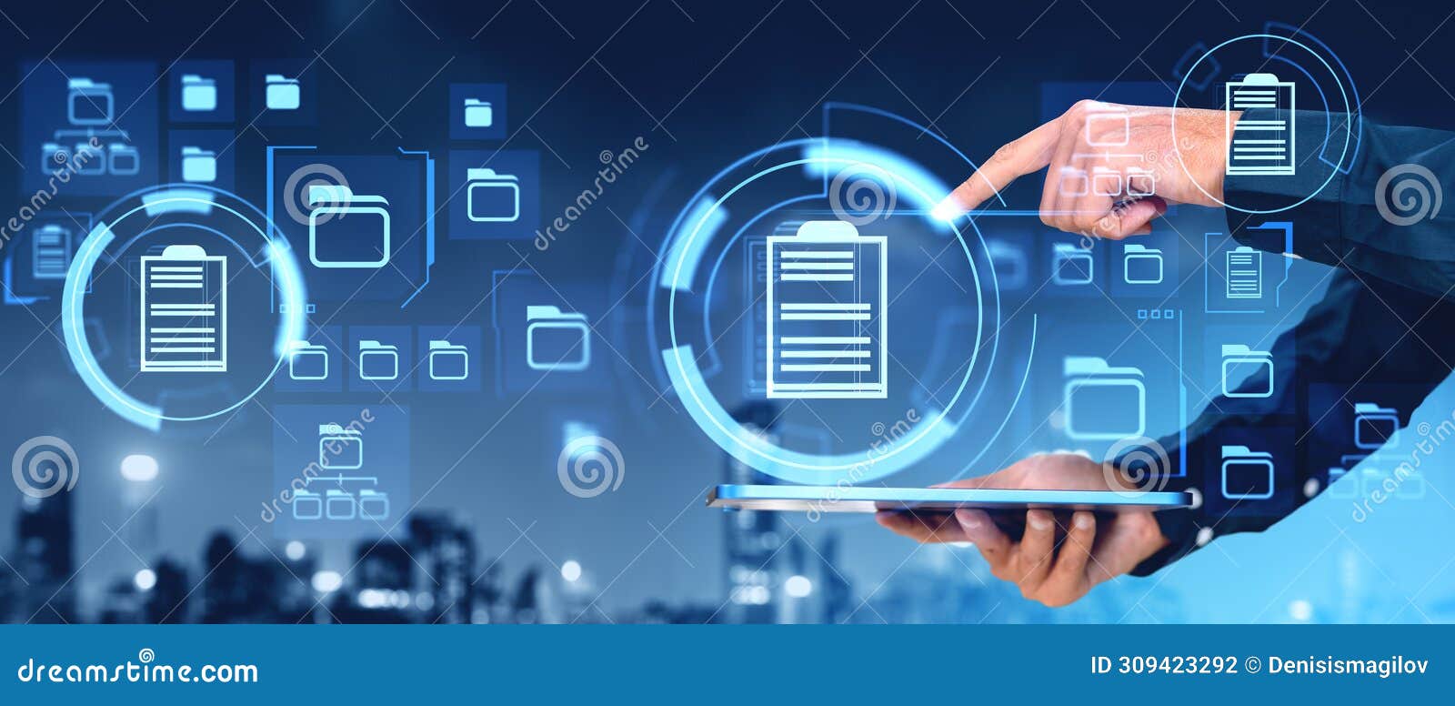 Man Hands with Tablet and DMS Interface in City Stock Photo - Image of ...