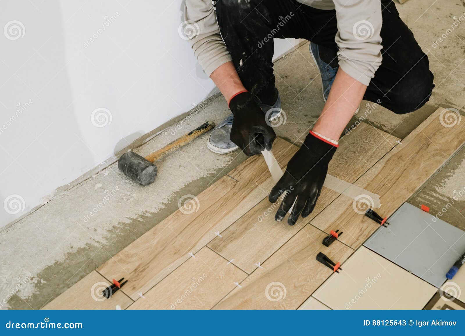 Man Hands on Tiles Work with Cement Mortar Stock Image - Image of brown ...