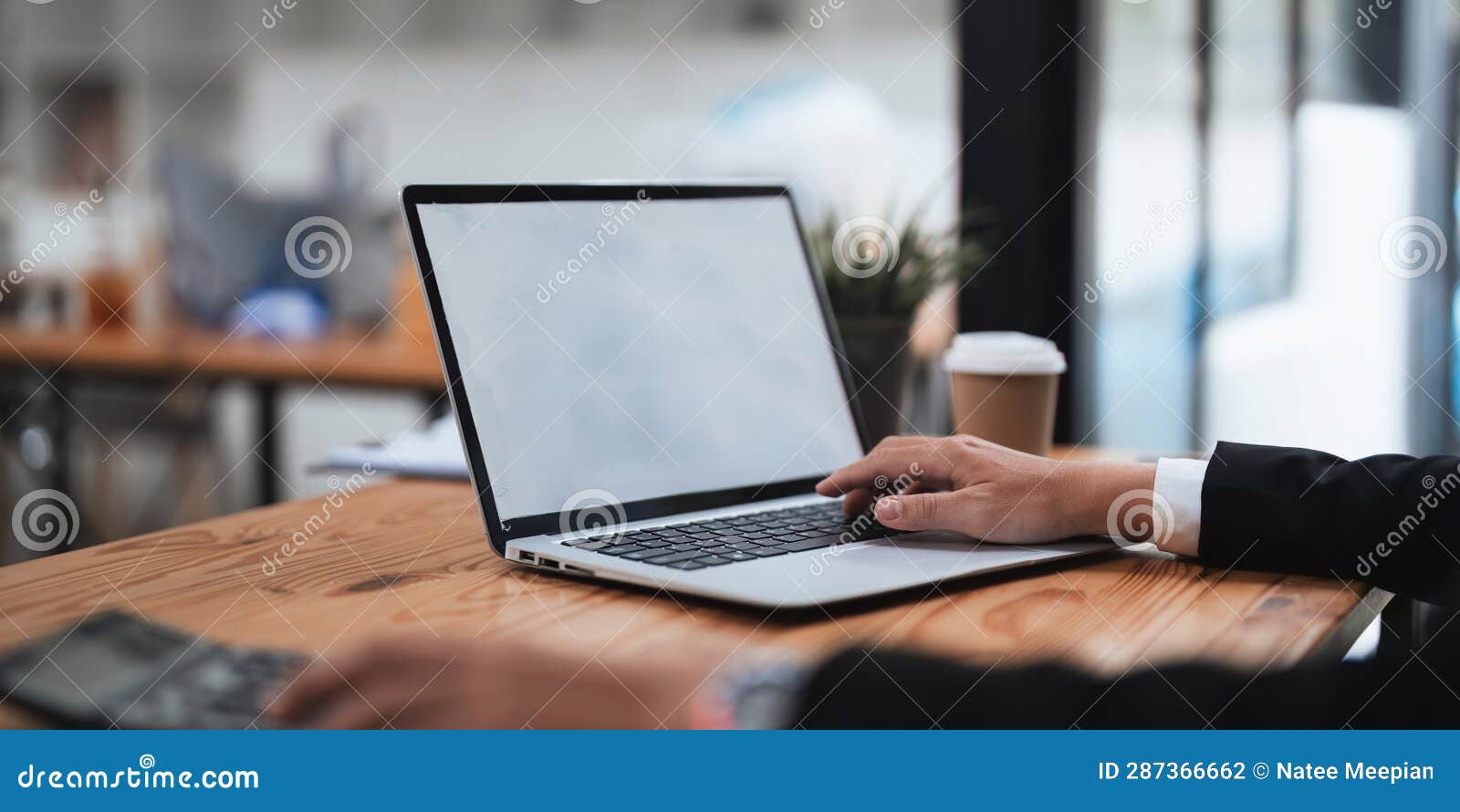 Man Hands Typing on the Laptop with Empty Blank White Screen Mockup ...