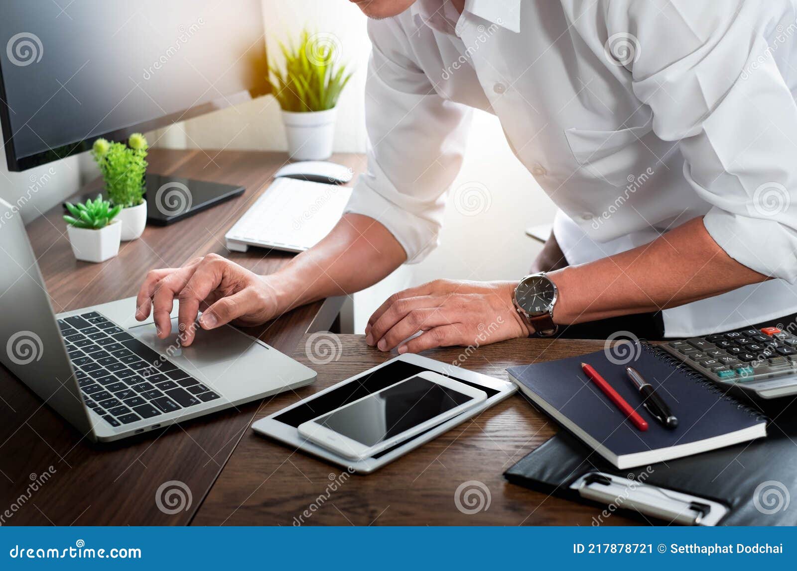 Man Hands Using Keyboard of Laptop Computer on Office Desk. Stock Image ...