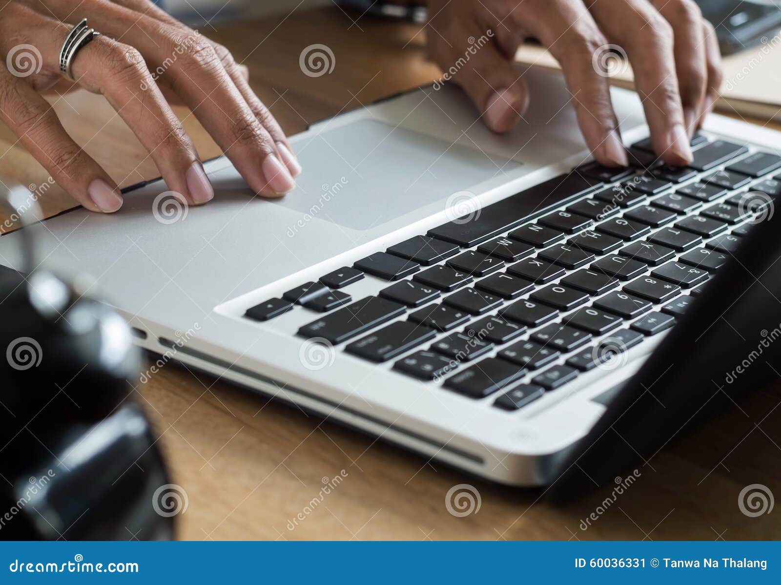 Man Hands Using Laptop on Wooden Desk. Stock Image - Image of student ...