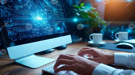 Man Hands Using Modern Computer with Innovative and Futuristic ...