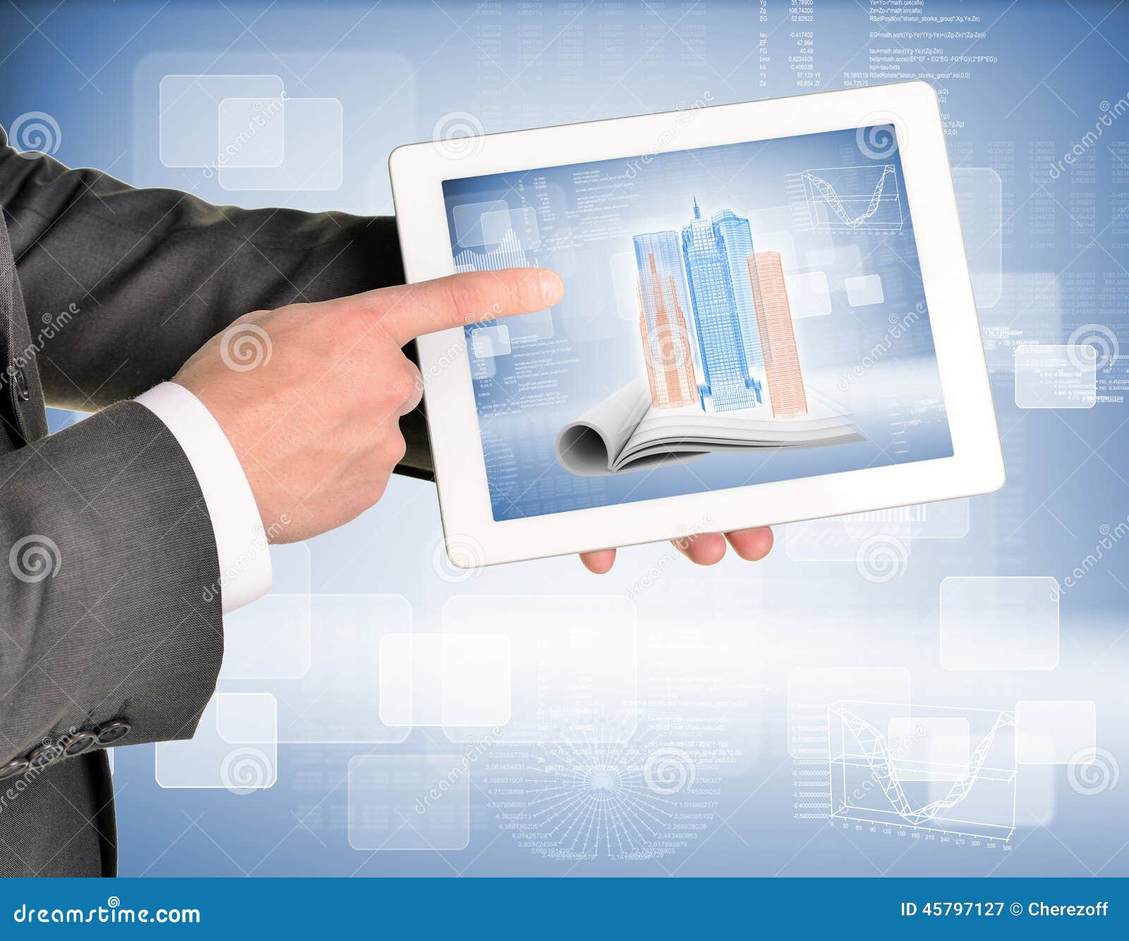 Man Hands Using Tablet Pc. Image of Wire-frame Stock Image - Image of ...