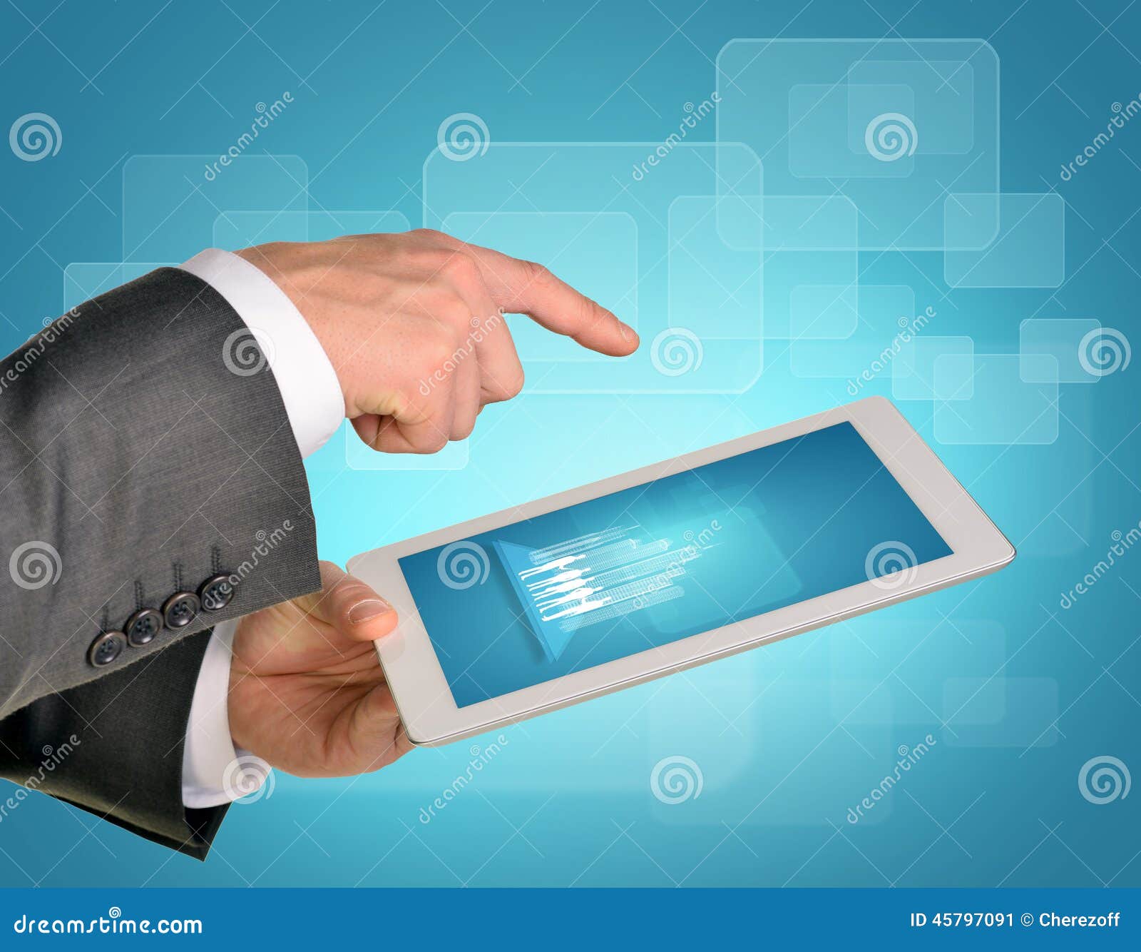 Man Hands Using Tablet Pc with Wire-frame Stock Image - Image of glow ...