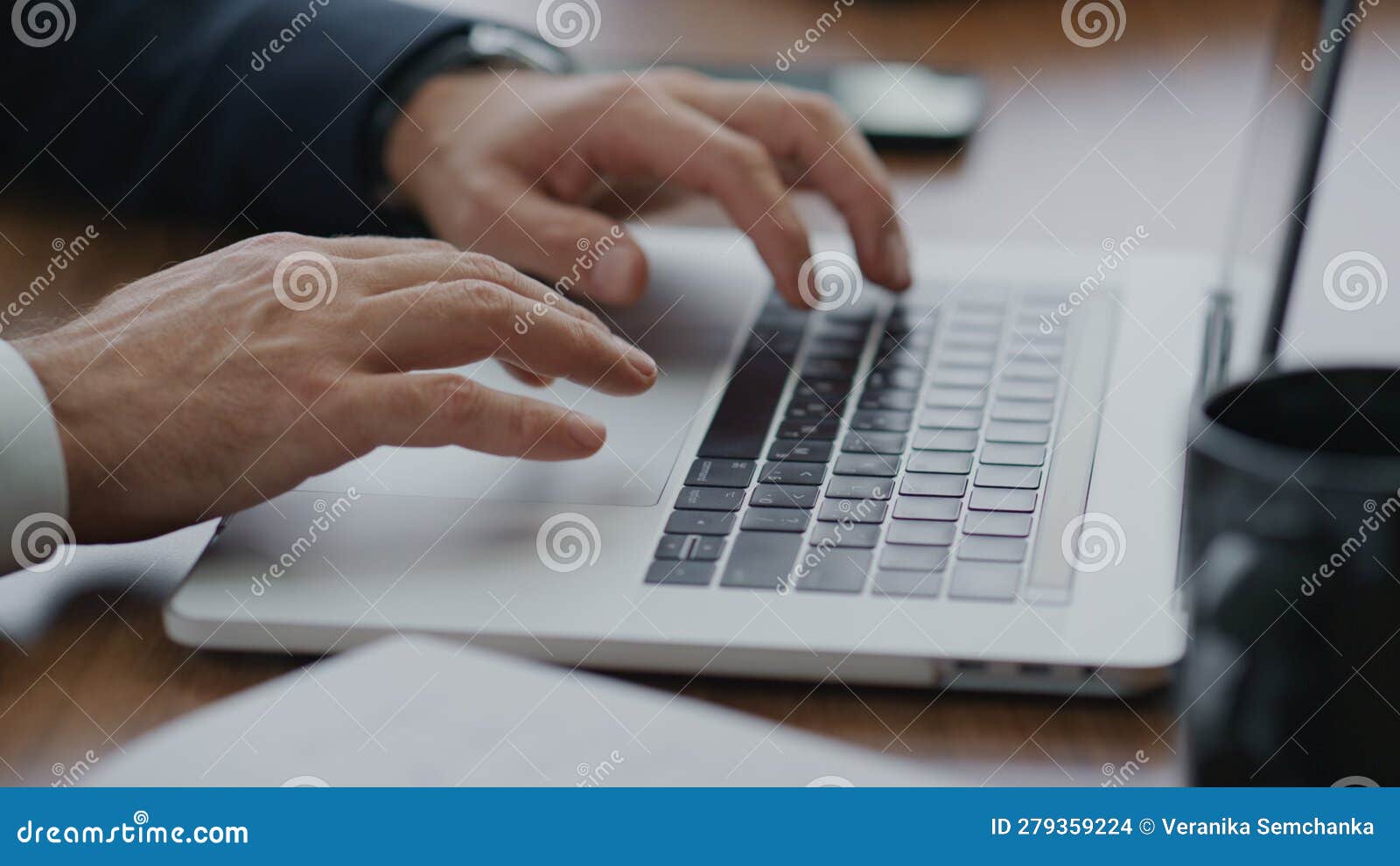 Man Hands Using Touchpad on Laptop Typing Documents at Company Office ...
