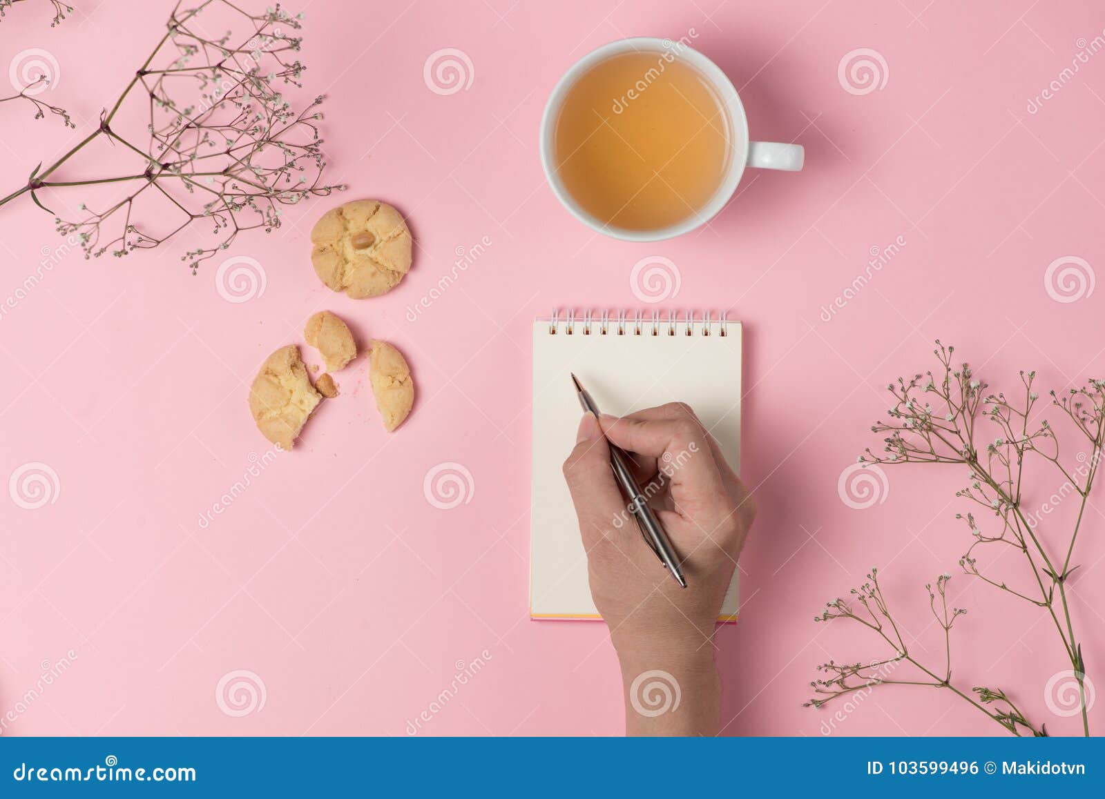 Man Hands Writing on Notebook while Drinking Tea and Eating Oat Stock ...