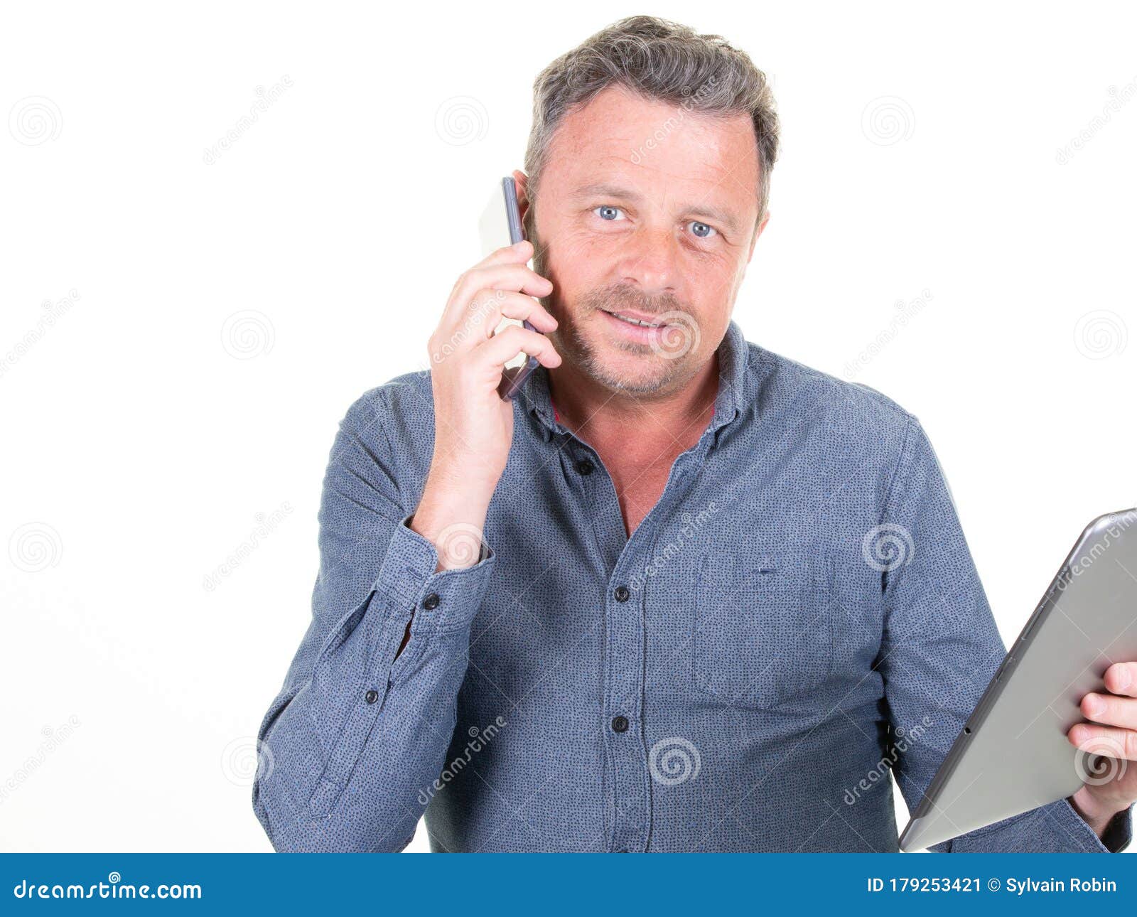 Man Handsome Guy Using Digital Computer Tablet And Mobile Phone