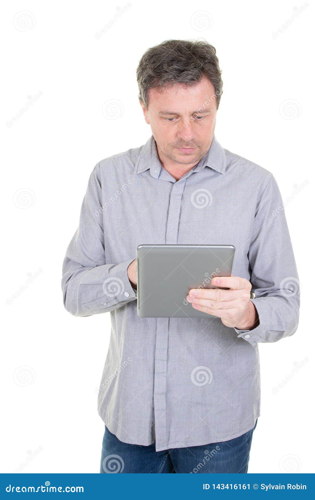 Man Handsome Holding Looking Tablet Digital Computer Tab Stock Image