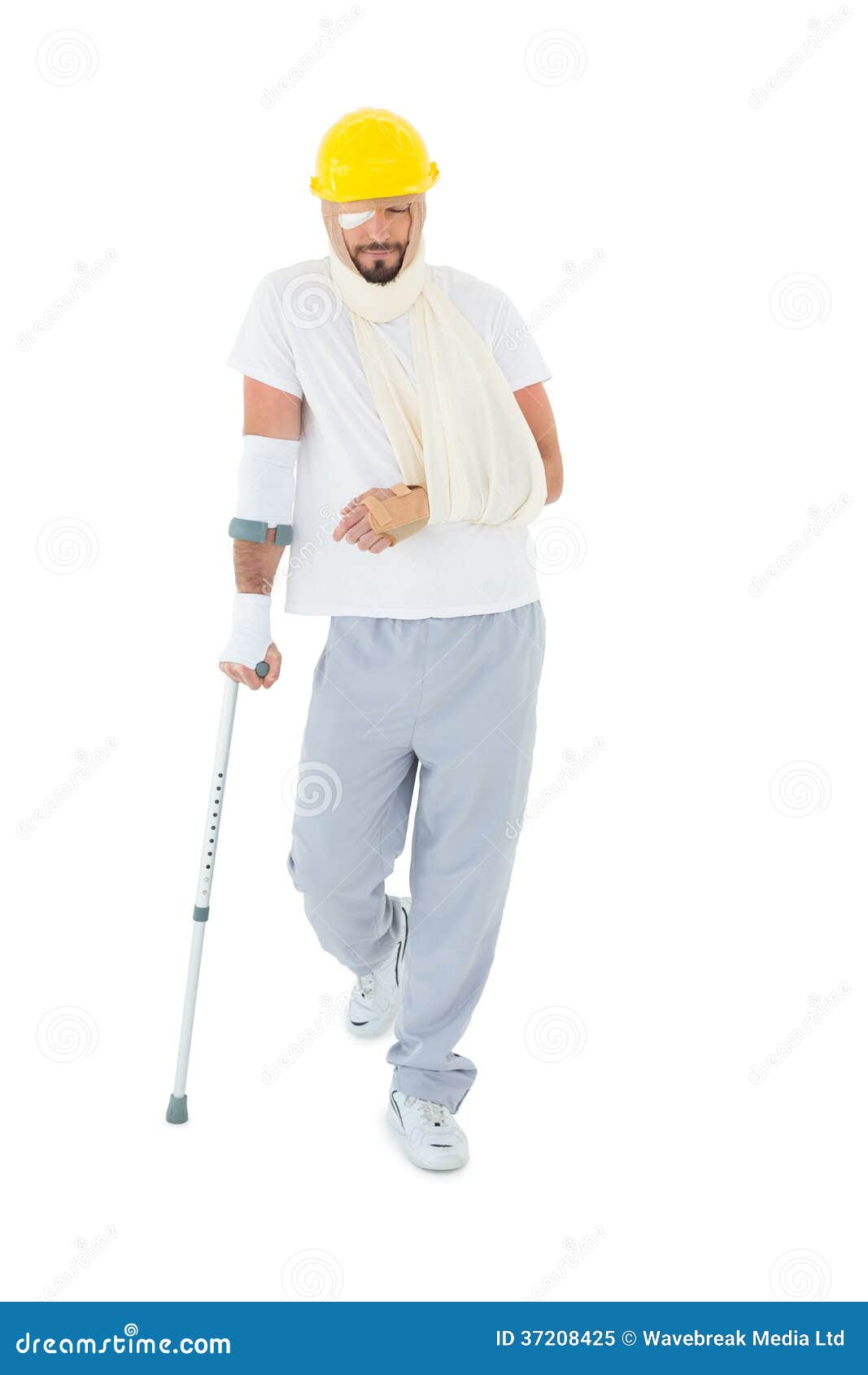Man in Hard Hat with Broken Hand and Crutch Stock Image - Image of ...