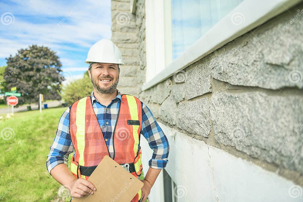 Man with Hard Hat Inspecting House Concreate Stock Image - Image of ...